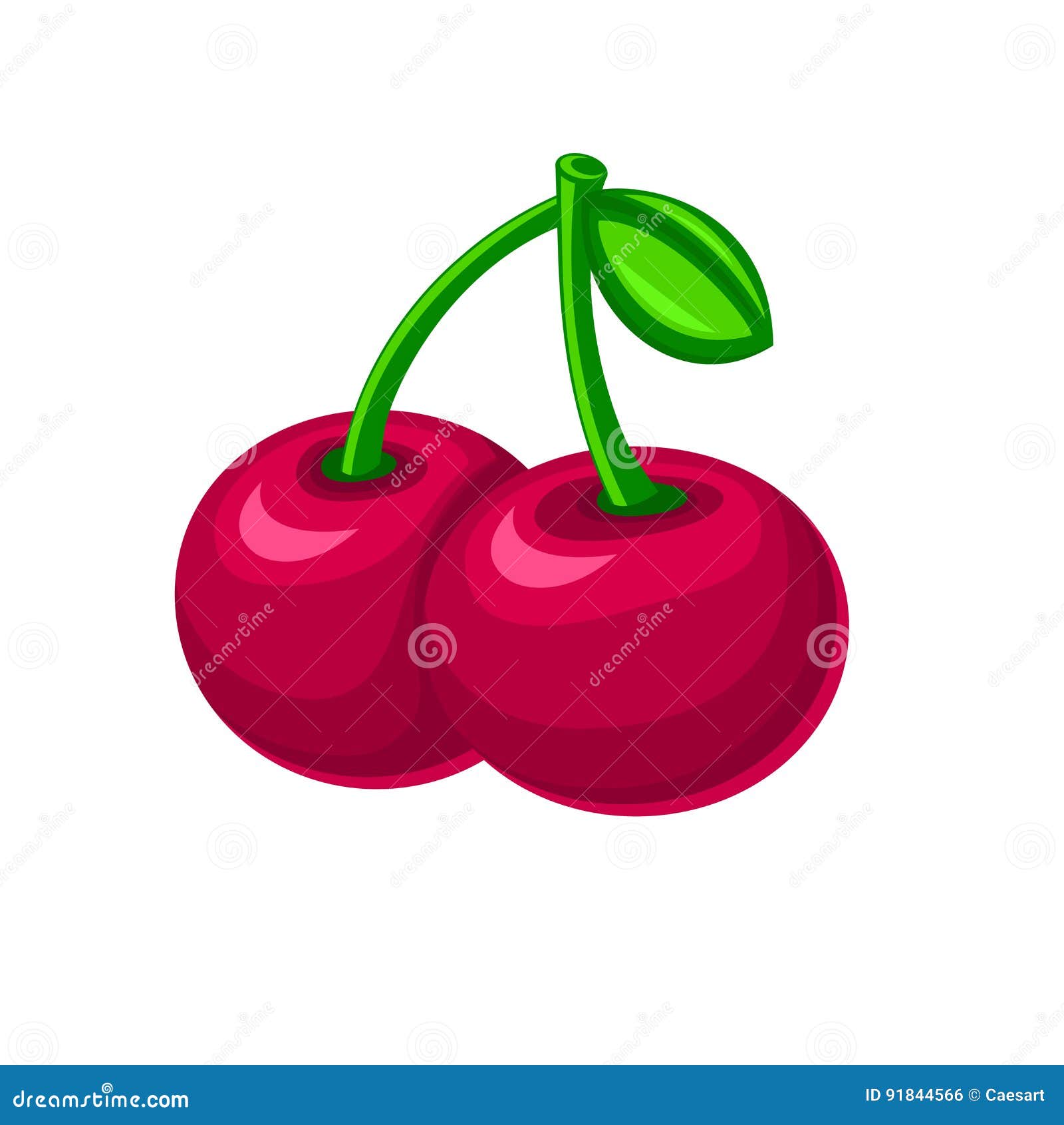 Vector Juicy Sweet Cherry with Leaf in Flat Style Isolated on White ...
