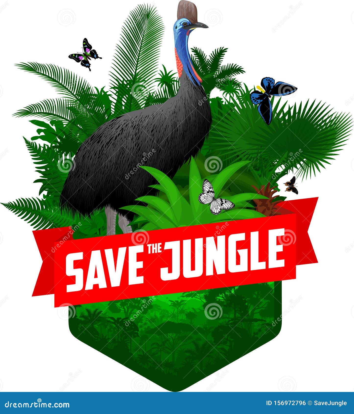 Vector Jungle Rainforest Emblem with Cassowary and Butterflies Stock ...