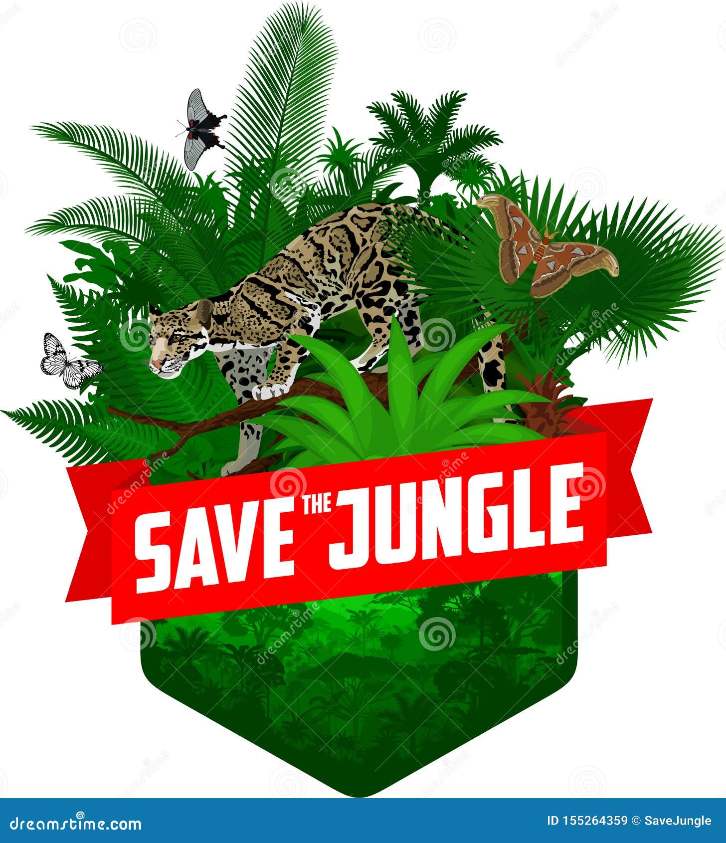 Vector Jungle Rainforest Emblem with Clouded Leopard and Butterflies ...