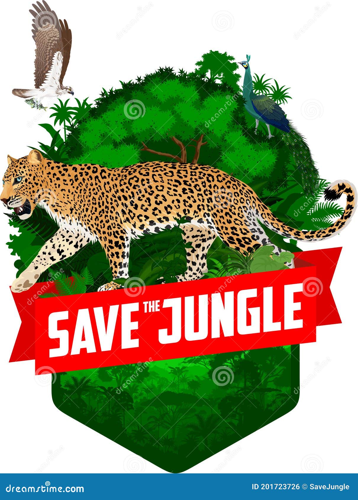 Vector Jungle Rainforest Emblem With Leopard, Osprey And Green Peafowl ...