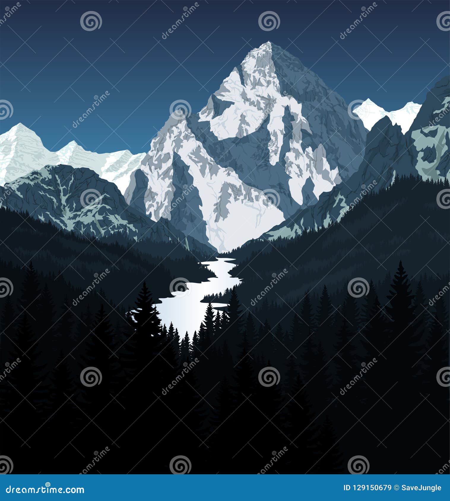 Vector K2 Mountain with River in Woodland Stock Vector - Illustration ...