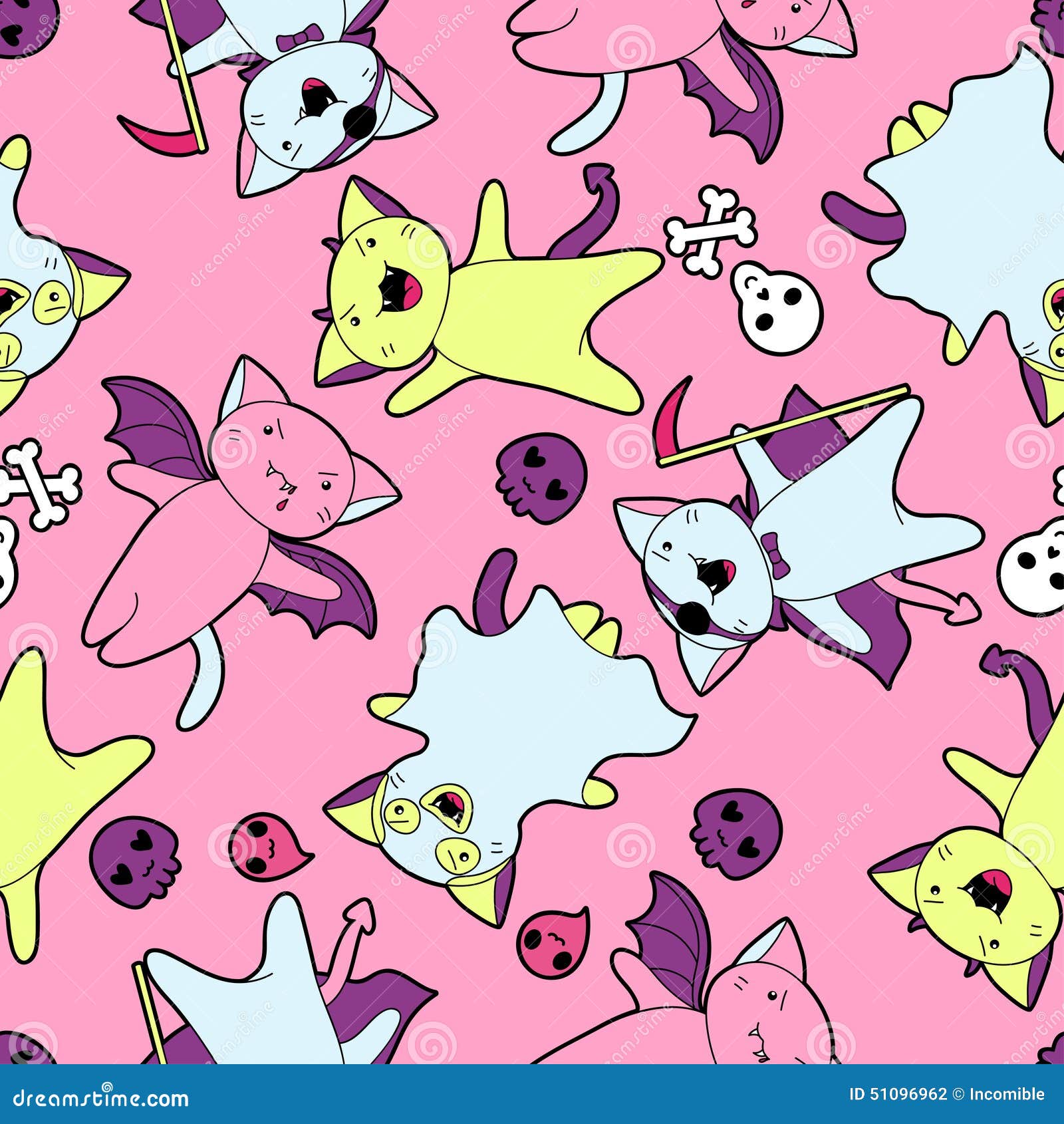 Vector Kawaii Pattern of Halloween Cats and Stock Vector - Illustration ...