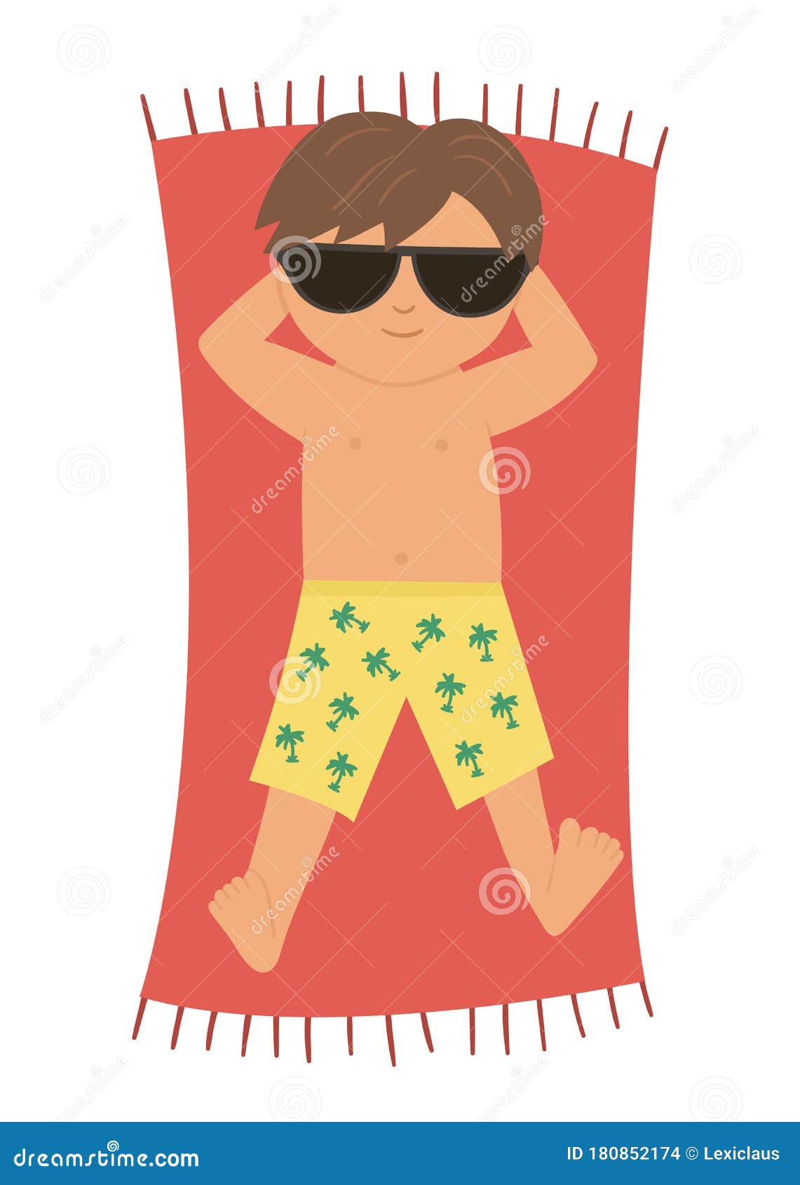 Vector Kid Lying In The Sun. Child Doing Beach Activity. Cute ...