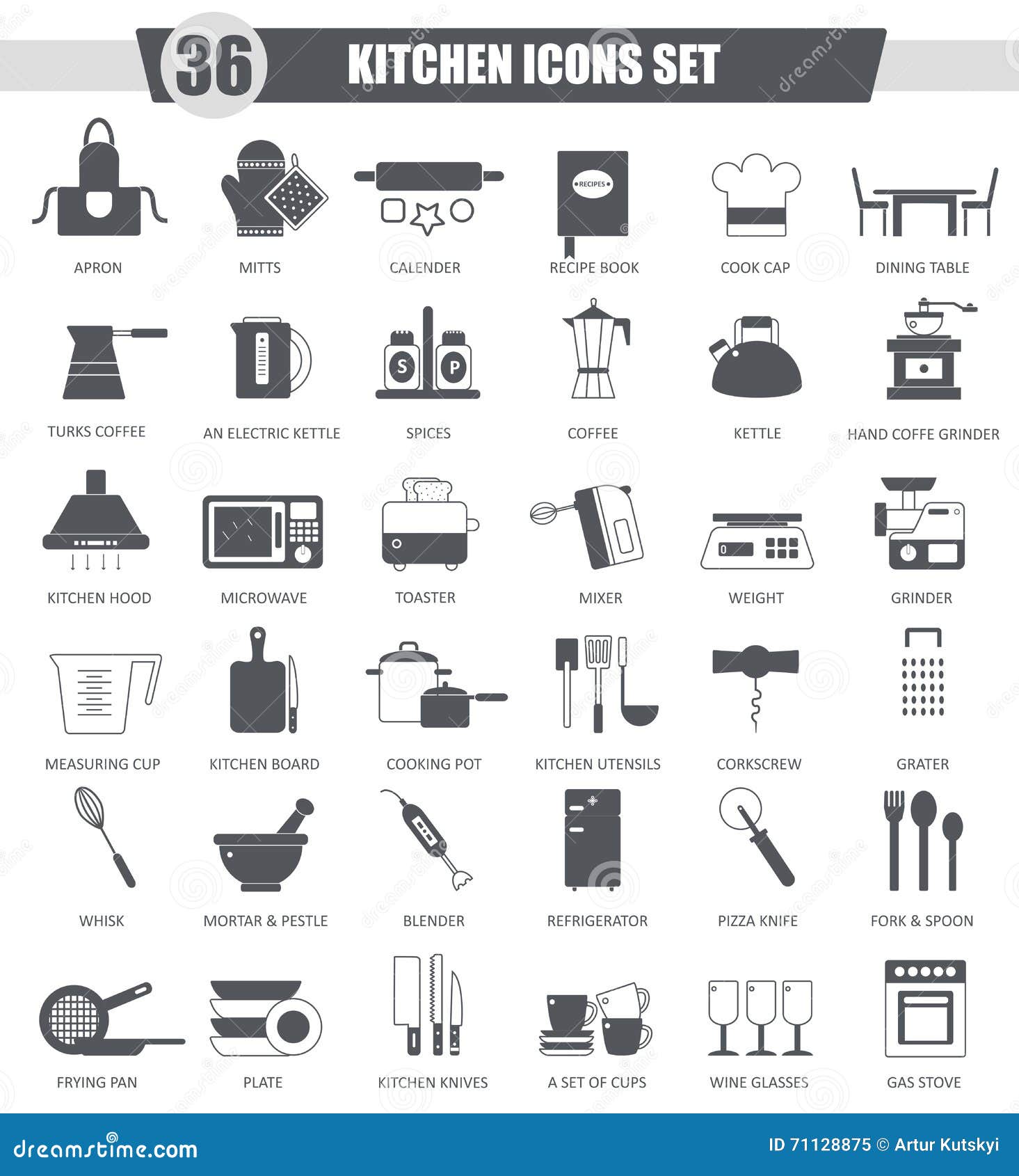 Vector Kitchen Black Icon Set. Dark Grey Classic Icon Design for Web ...