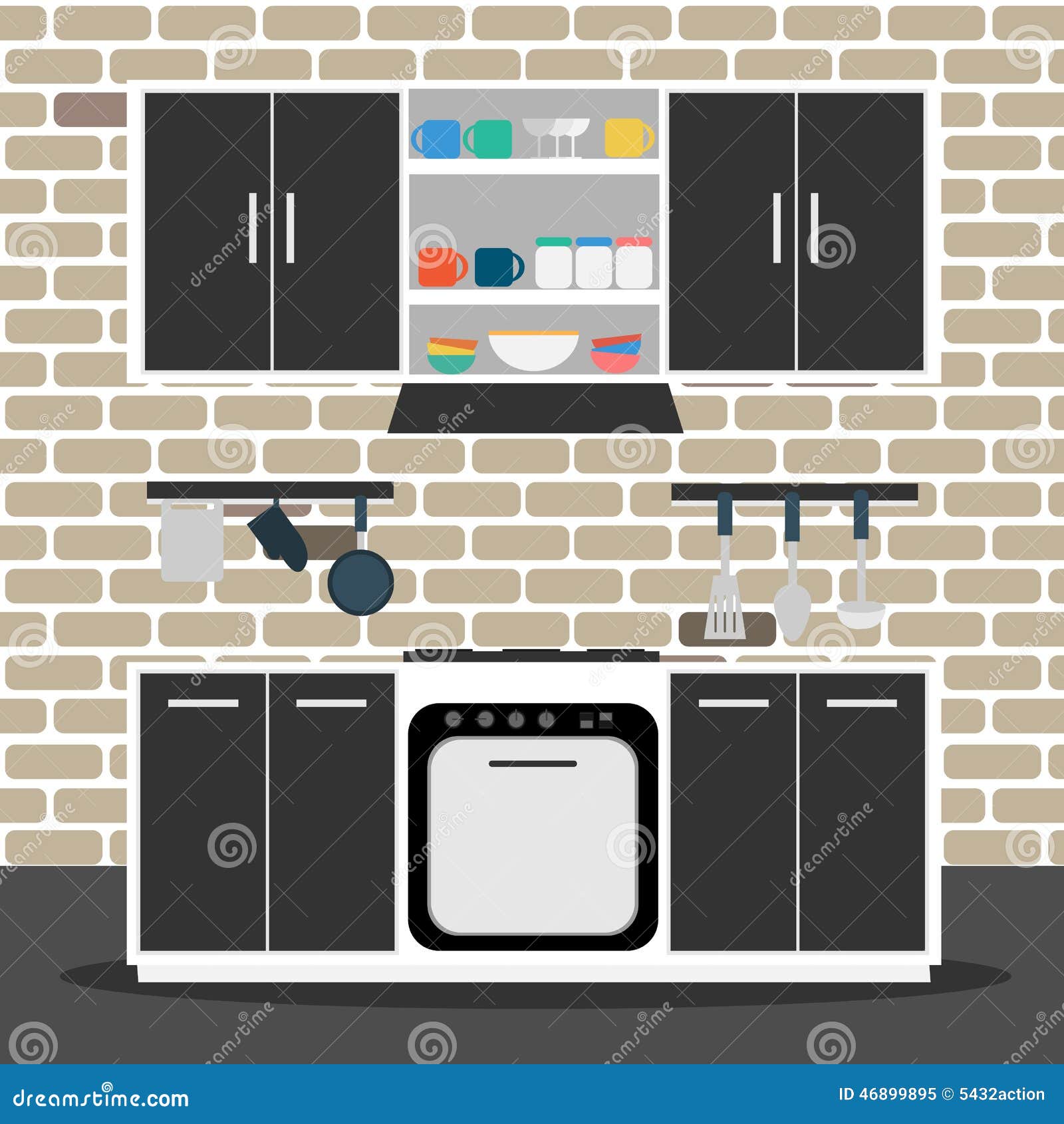 Vector of Kitchen with Brick Wall Stock Vector - Illustration of house ...