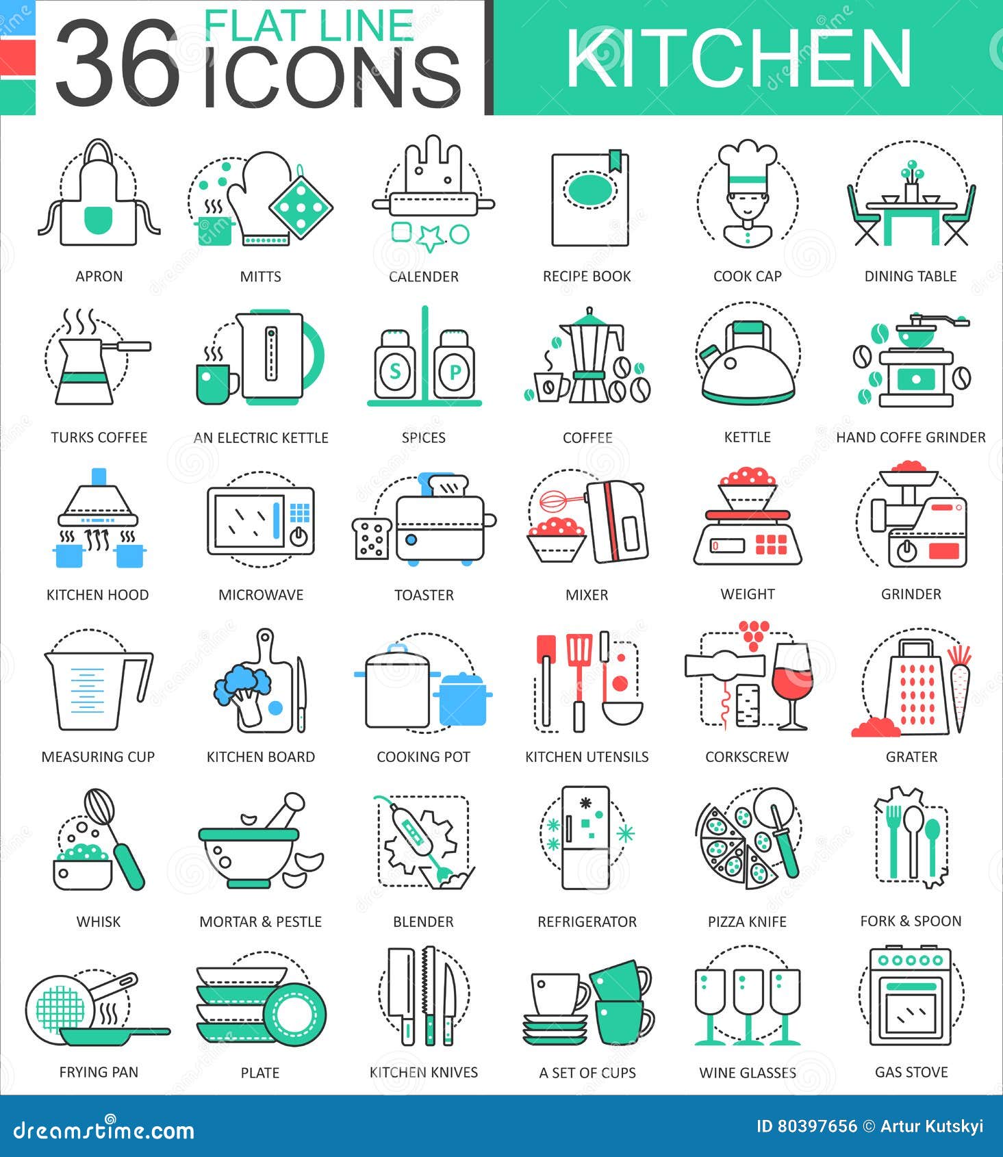 Vector Kitchen Color Flat Line Outline Icons for Apps and Web Design ...