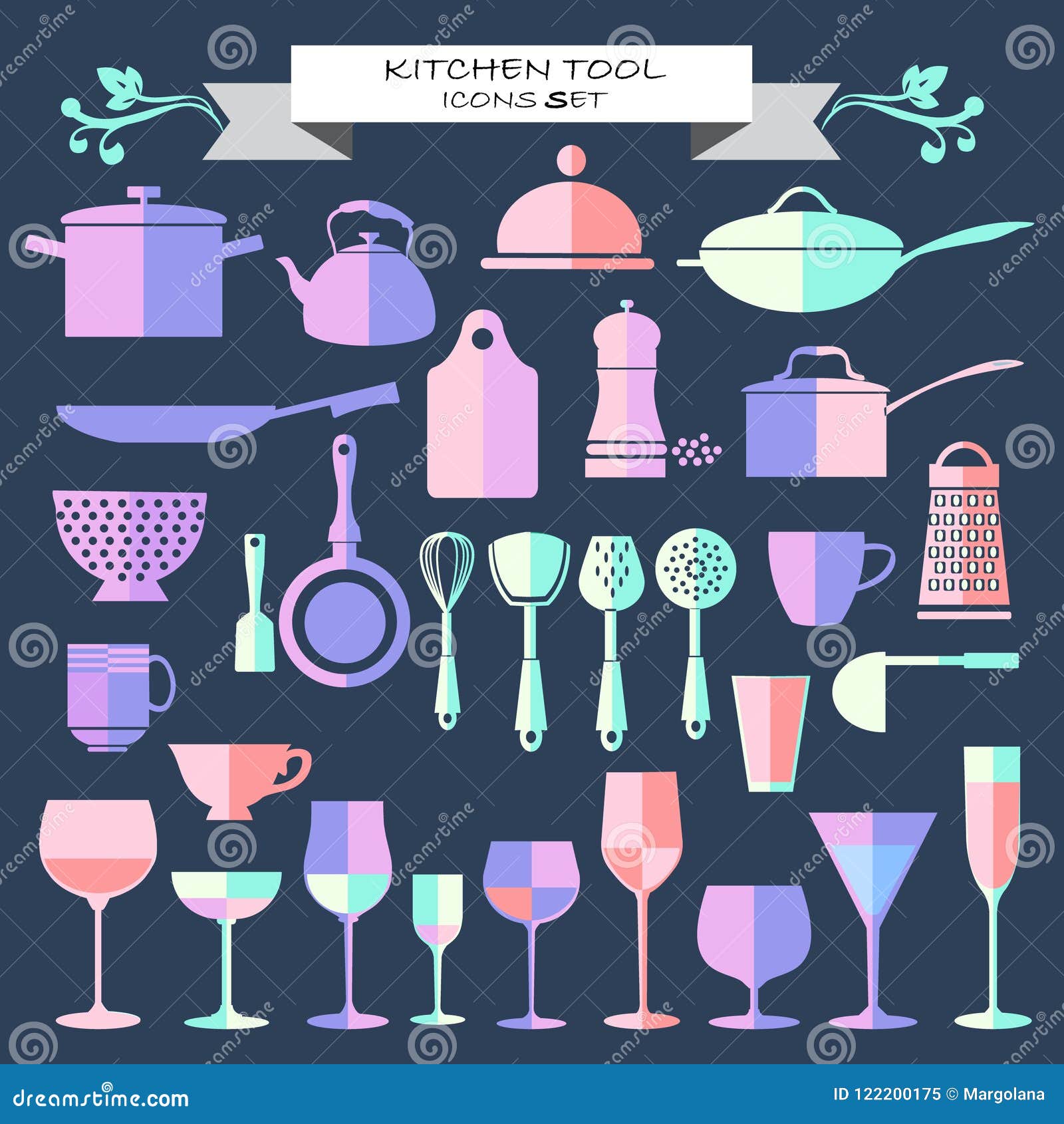Kitchen Ware and Restaurant, Glassware Icons Set Stock Vector ...