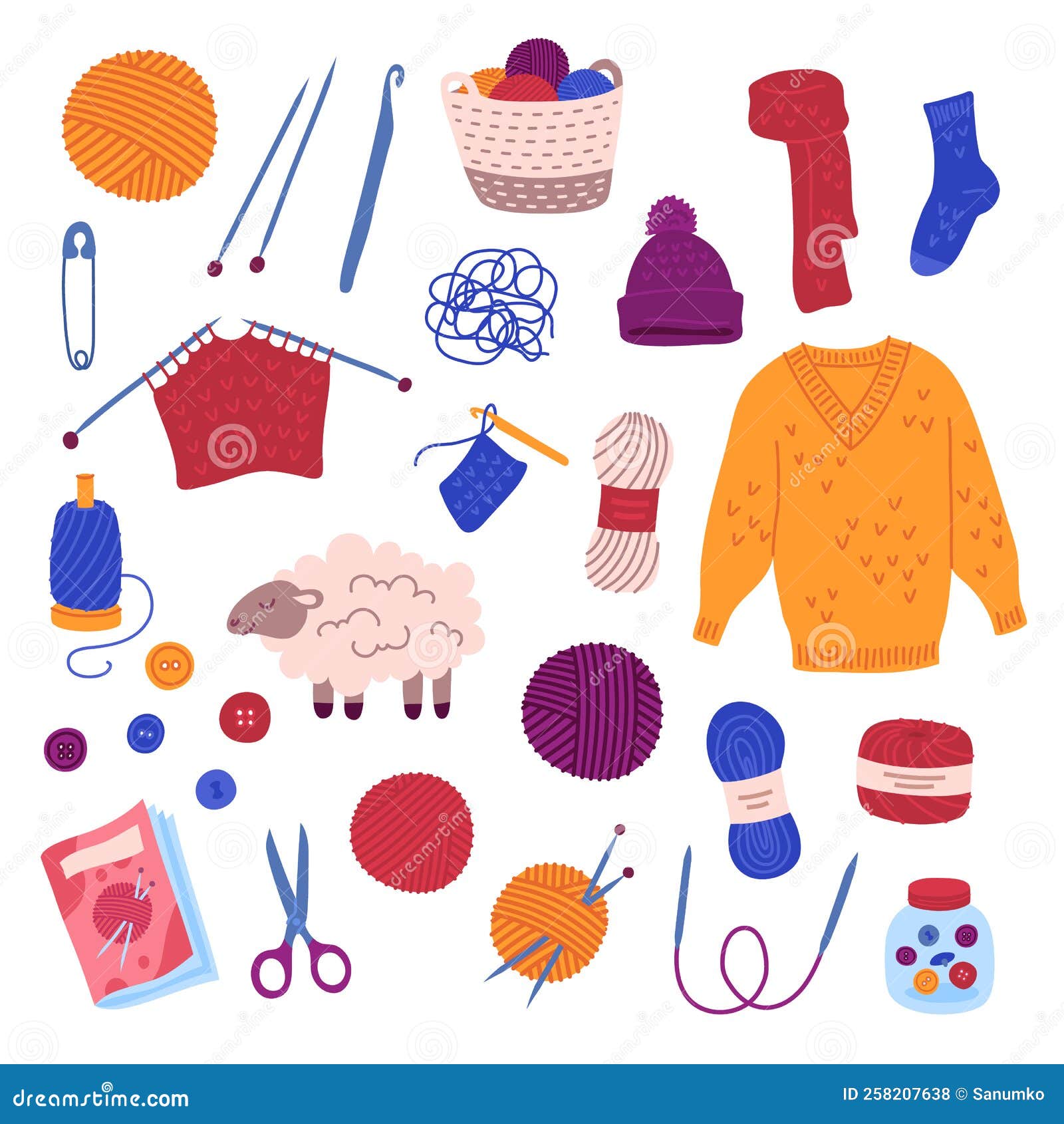 Vector Knitting Elements Set. Sweater, Socks, Hat, Scarf, Threads ...