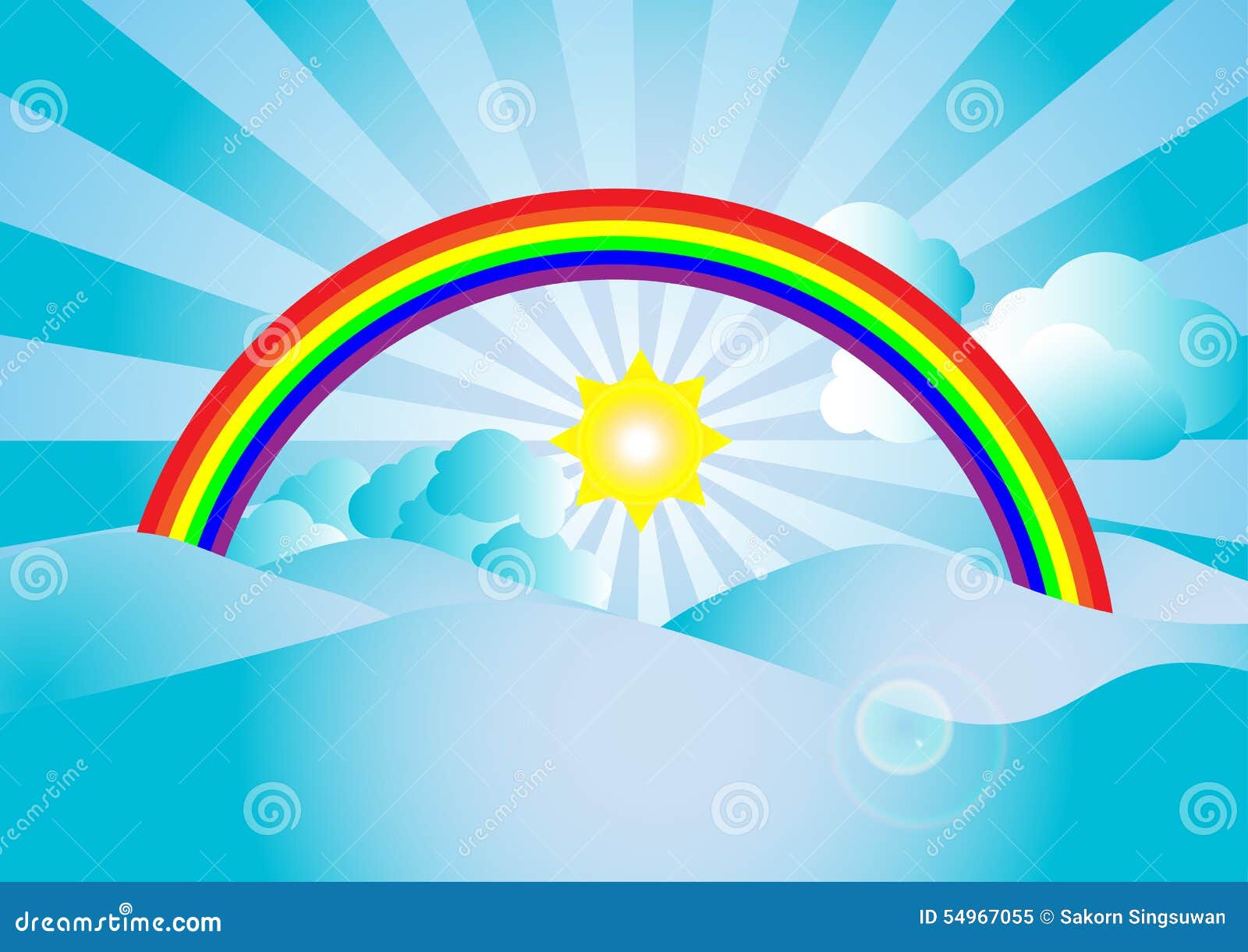 Vector La Luce Solare E L'arcobaleno Con La Nuvola Su Cielo Blu ...