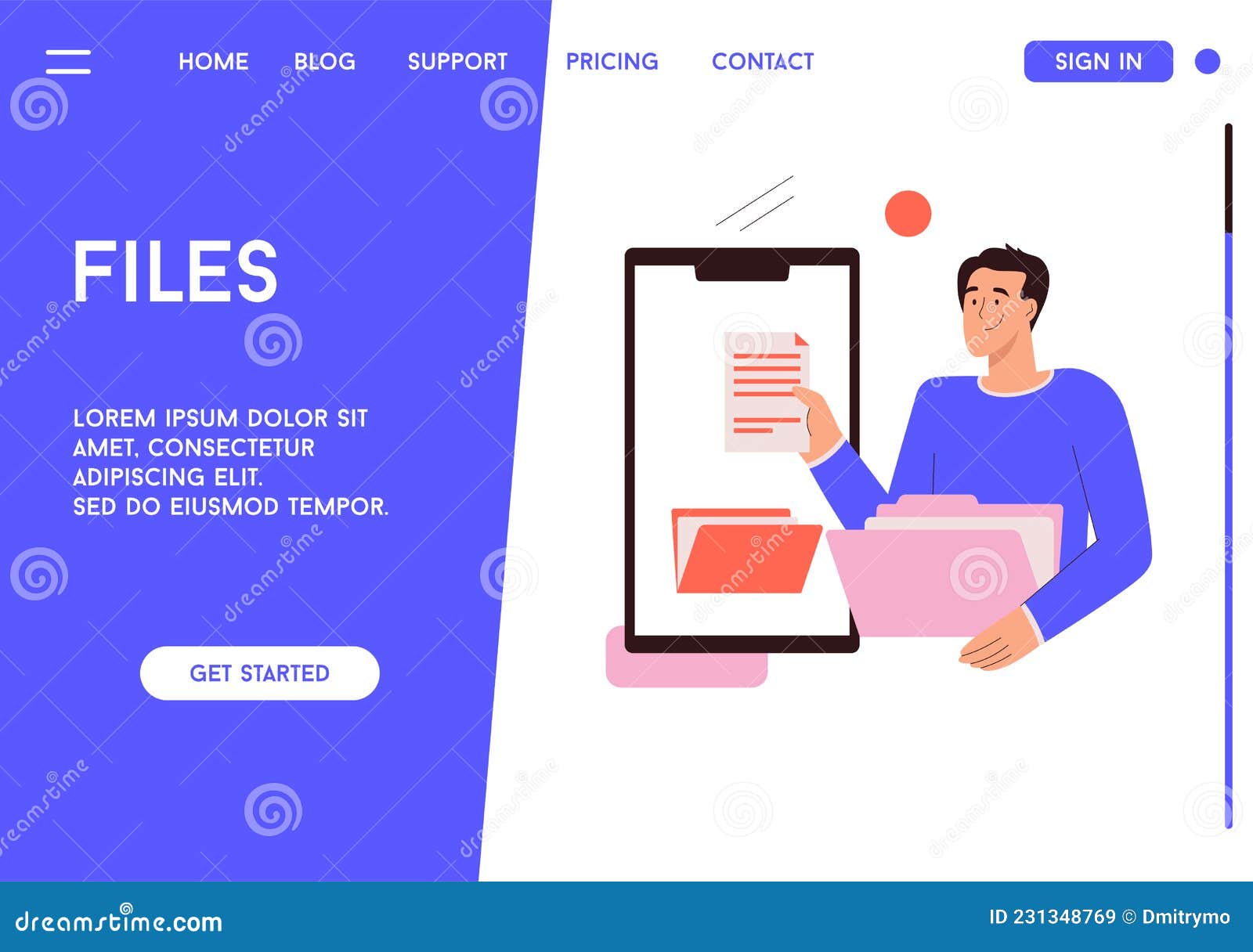 Vector Landing Page of Files Concept. Man Holding Document Stock Vector ...