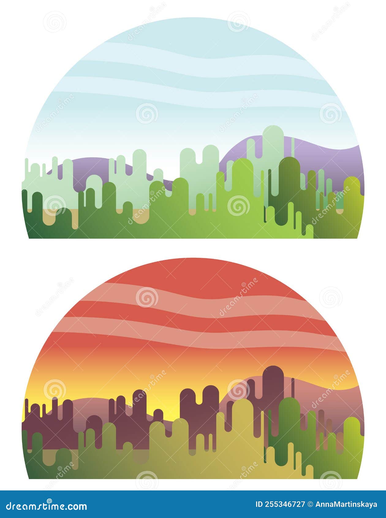Vector Landscape. Day and Sunset. Mountains, Fields, Plants Stock ...