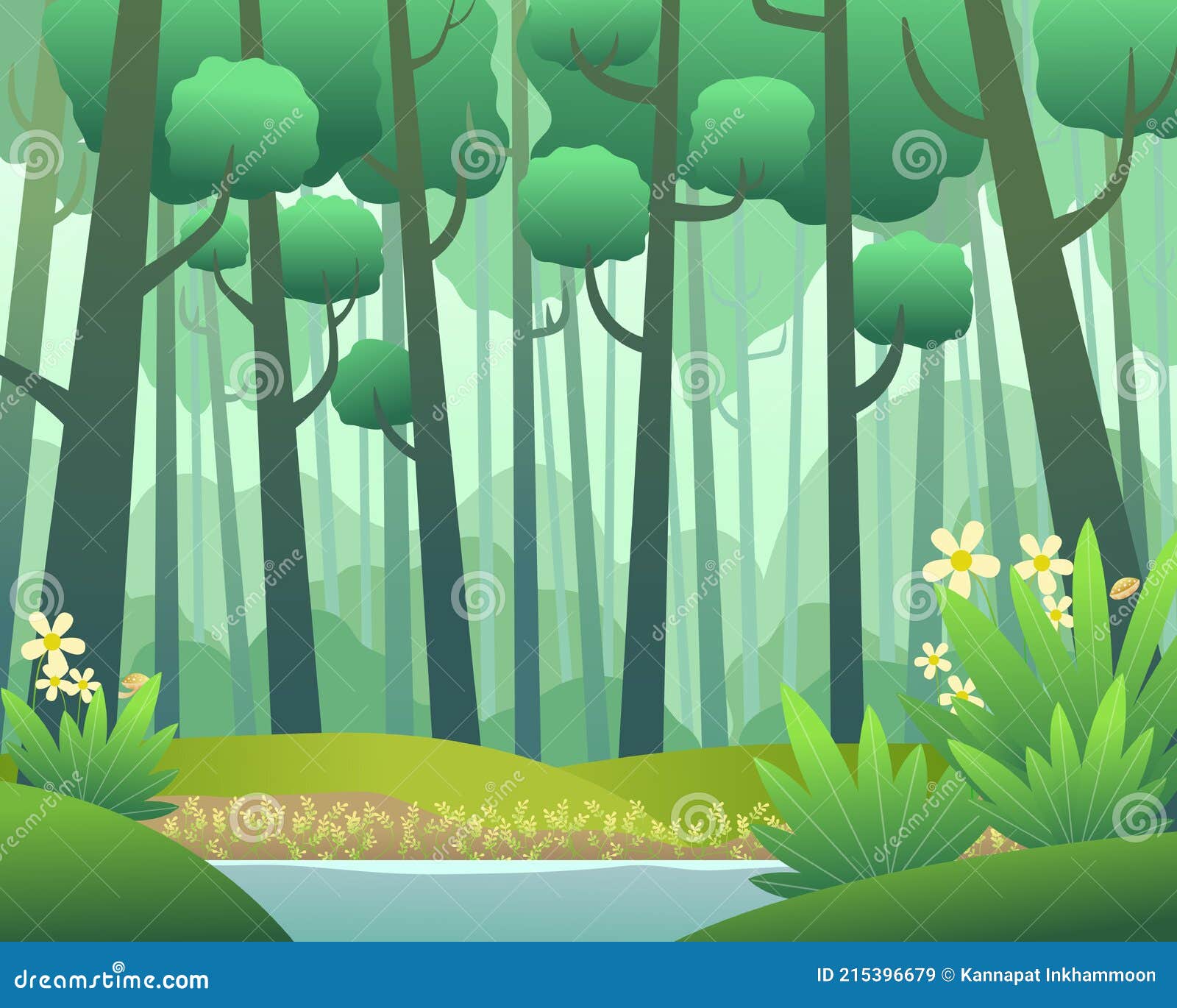 Vector Landscape with Pine Forest in Spring Stock Vector - Illustration ...