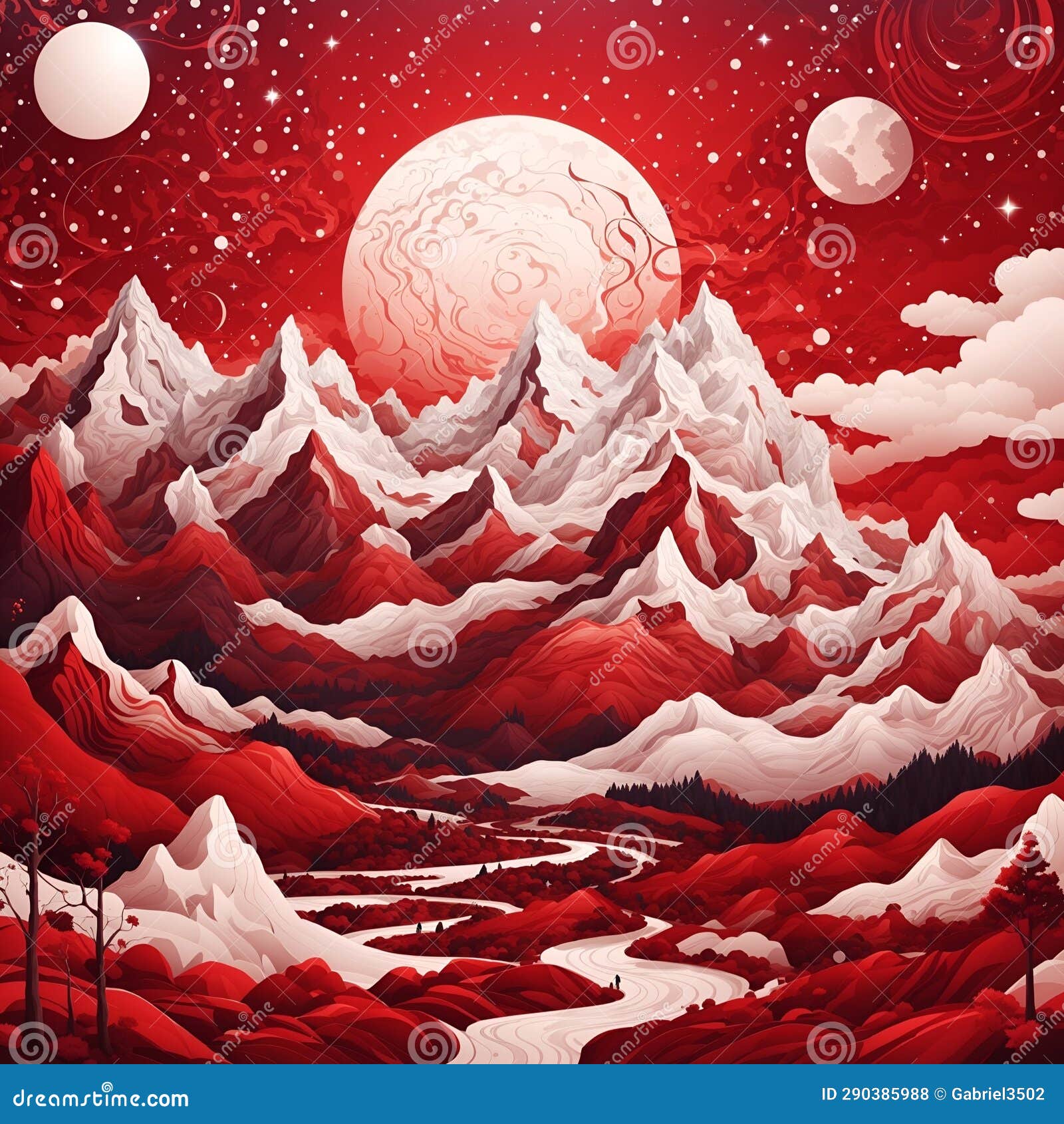 Vector Landscape. Red and White Vector Illustration. Vector Artwork ...