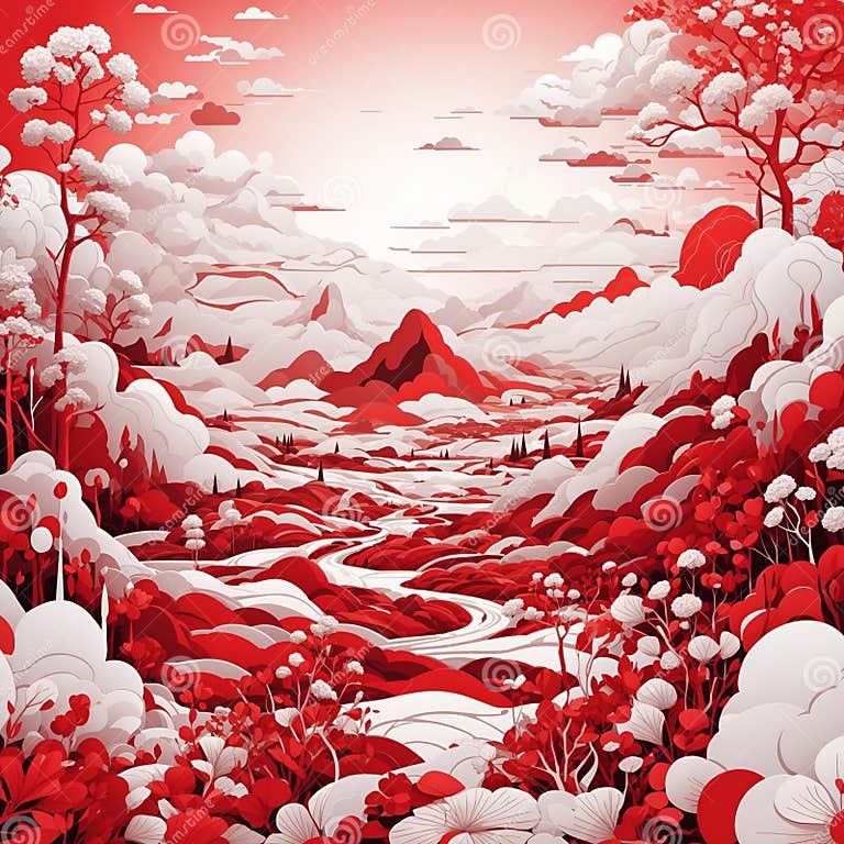 Vector Landscape. Red and White Vector Illustration. Vector Artwork ...