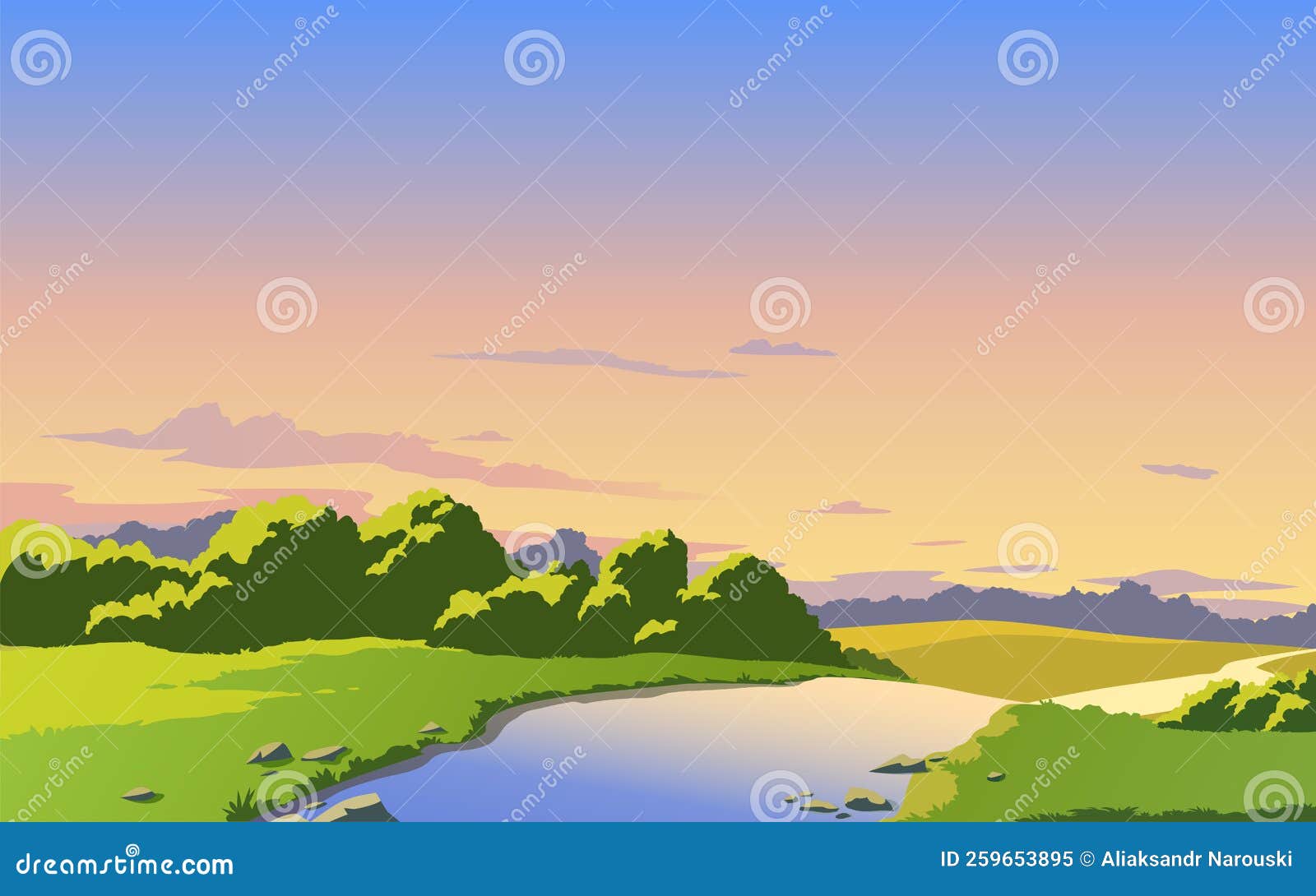 Vector Landscape with River, Sky and Clouds. Anime Cartoon Style. Stock ...