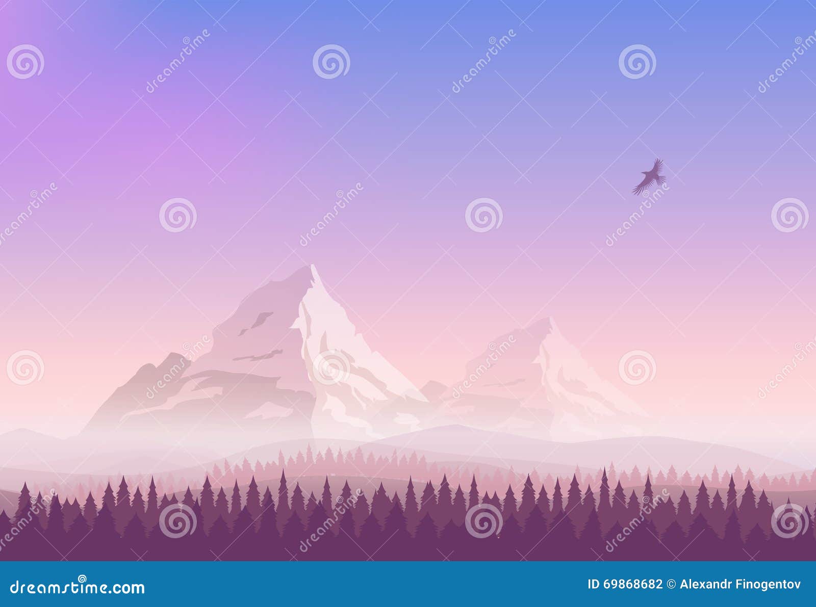 Vector Landscape. Snowy Mountains, Gradient Sunset Sky and the Pine ...