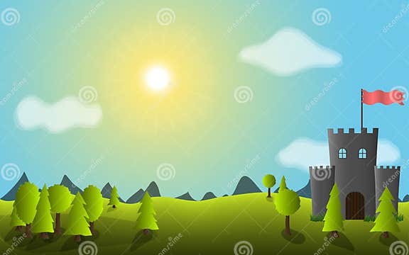 Vector Landscape with Trees and Castle. Stock Vector - Illustration of ...