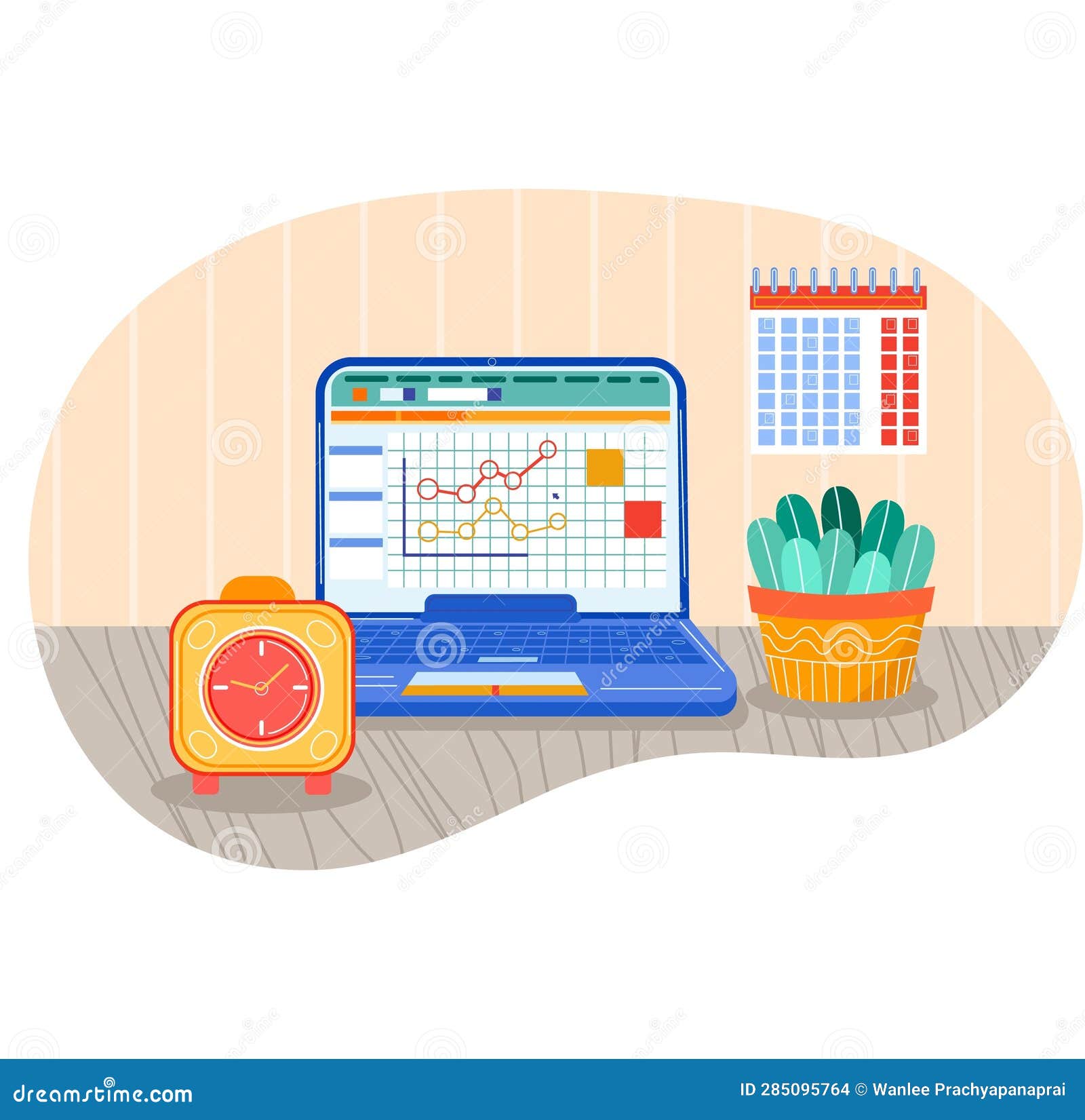 Vector Laptop, Clock, Calendar, Flower on Desk Stock Illustration ...