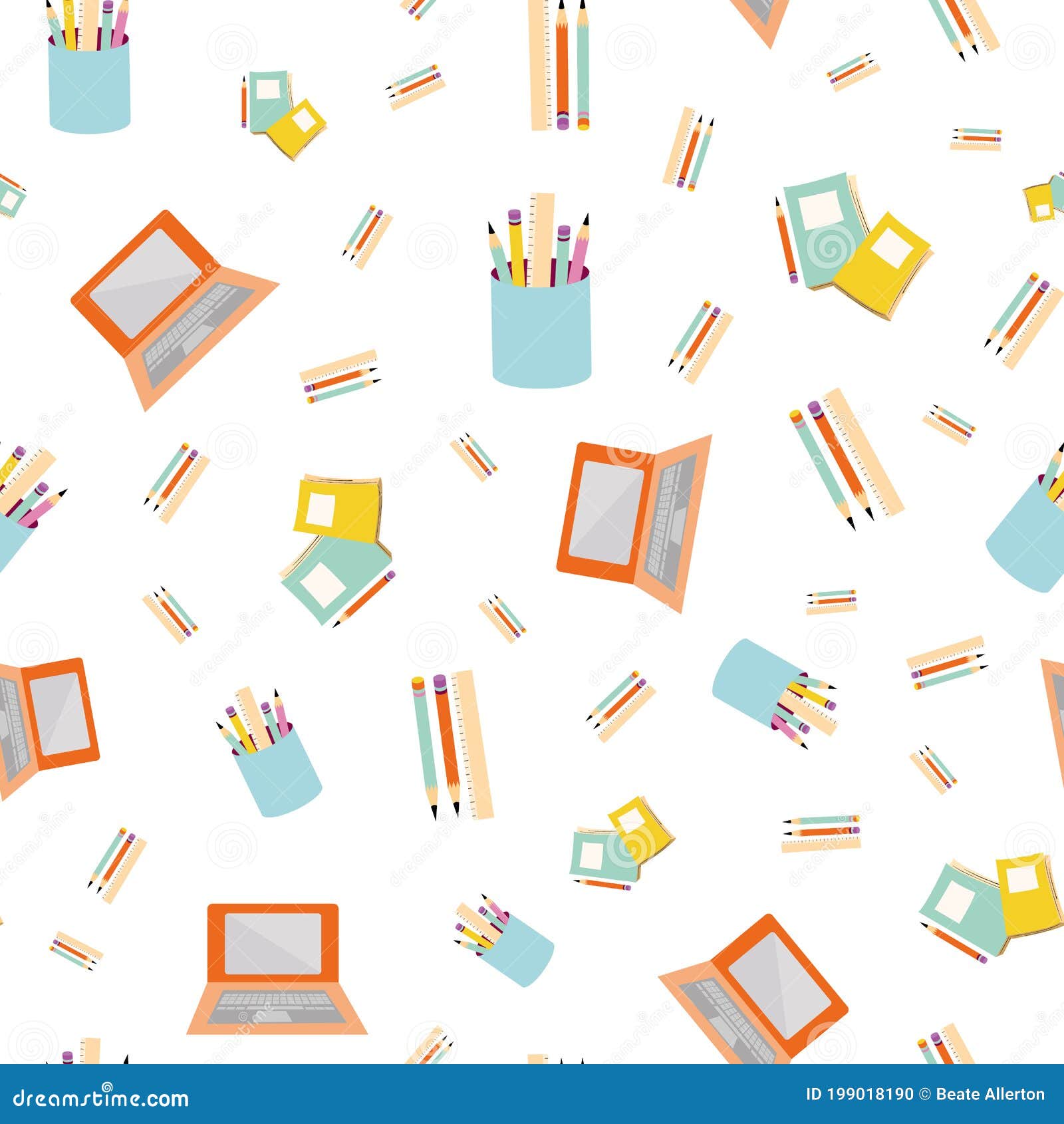 Vector Laptop, Pencils, Notebooks Seamless Pattern Background. Tossed ...