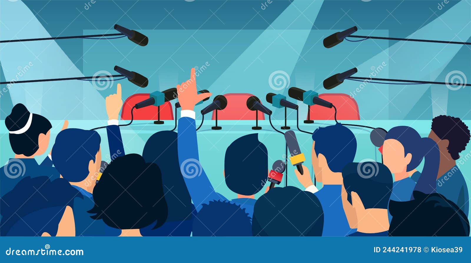 Vector of a Large Crowd of Journalists at a Press Conference, Table ...