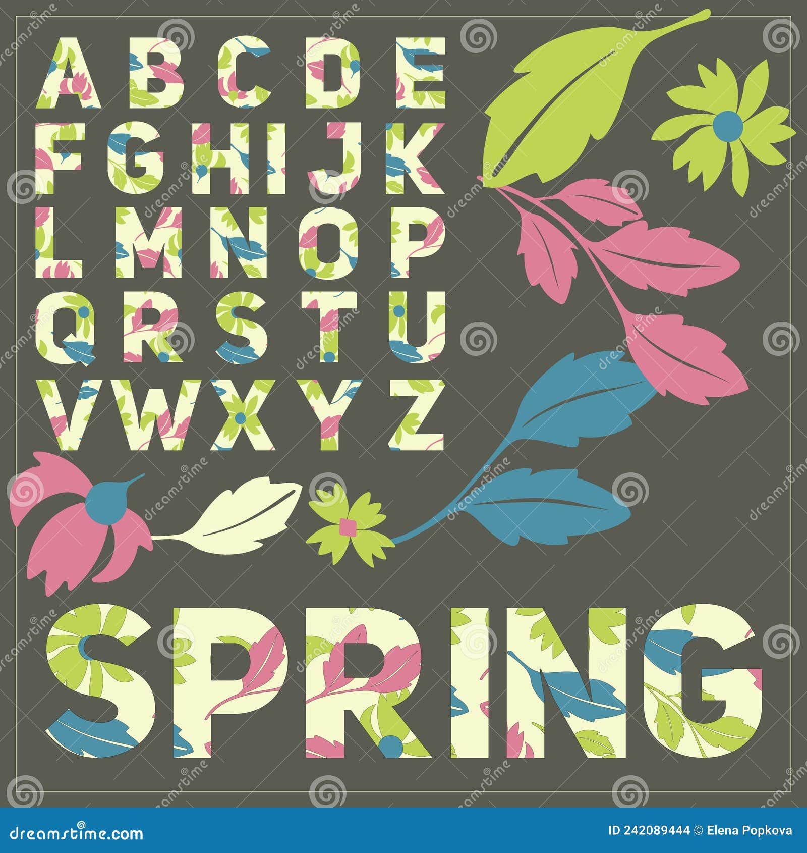 Vector Latin Alphabet with Bright Floral Ornament Spring Mood Stock ...