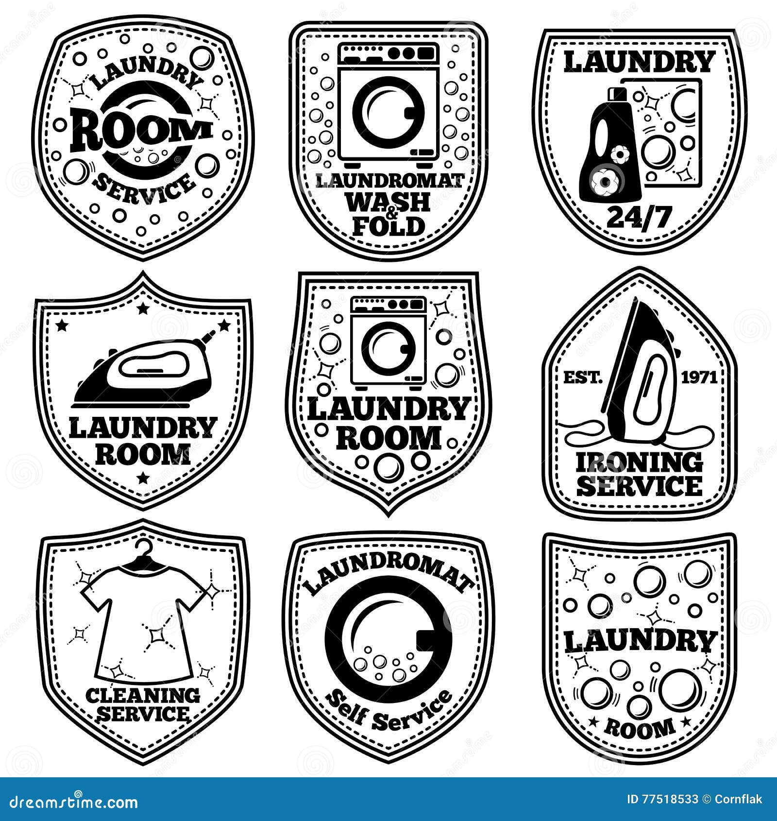 Vector Laundry Labels Set. with Laundromat, Iron, Clothes, Bubbles ...