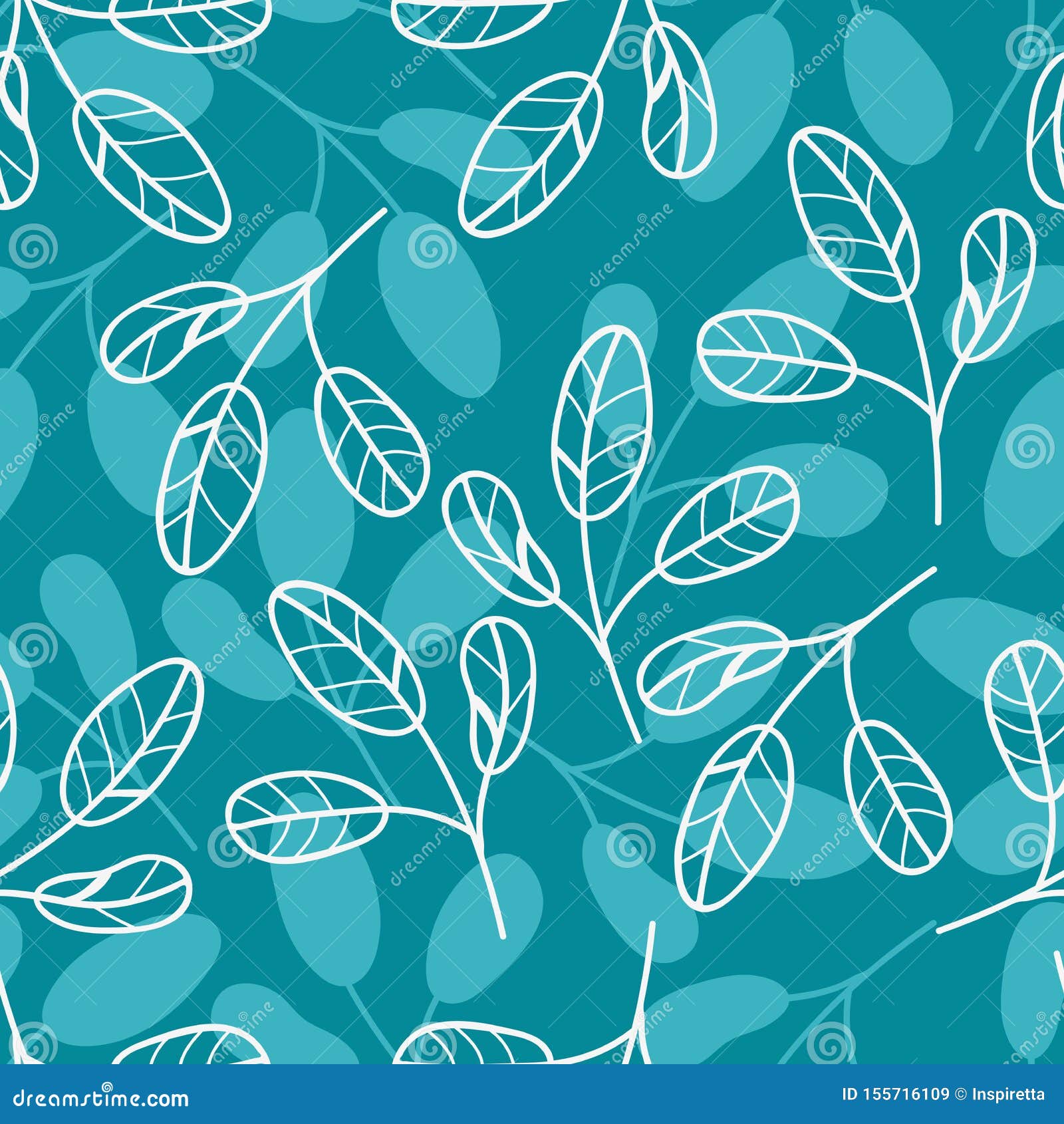 Vector Leaves Pattern in Decorative Style. White and Turquoise Leaves ...