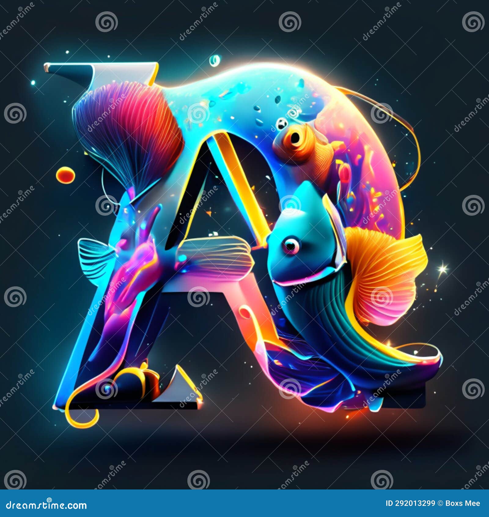 Vector Letter a with Fish. Lettering in Neon Style on a Dark Background ...
