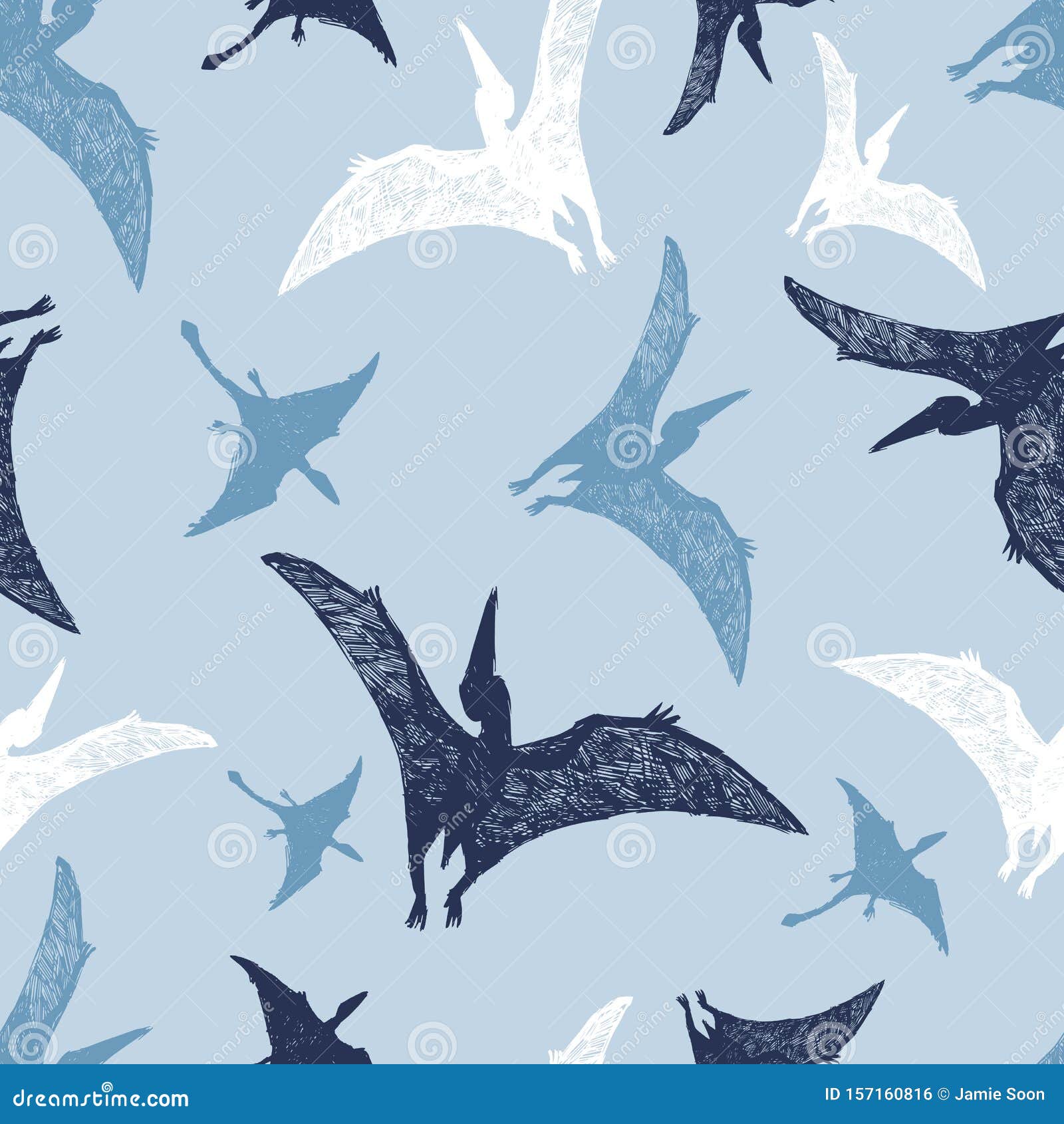 Vector Light Blue Flying Reptile Dinosaur Sketch Repeat Pattern ...