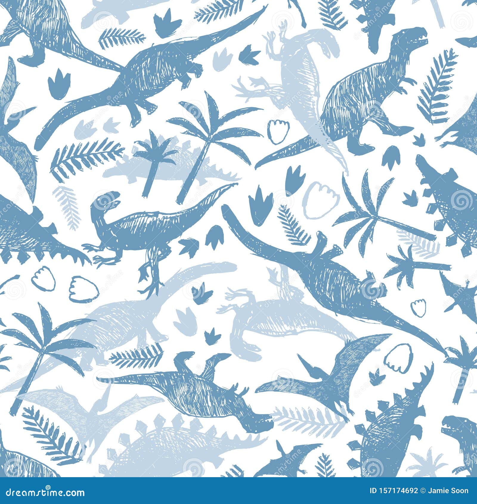Vector Light Blue and White Dinosaur Sketch Repeat Pattern with Chaotic ...