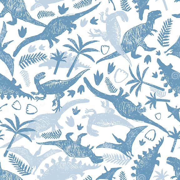Vector Light Blue and White Dinosaur Sketch Repeat Pattern with Chaotic ...