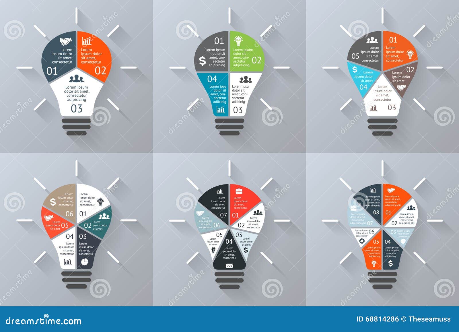 Vector Light Bulb Infographics Set. 3, 4, 5, 6, 7 Options, Parts, Steps ...