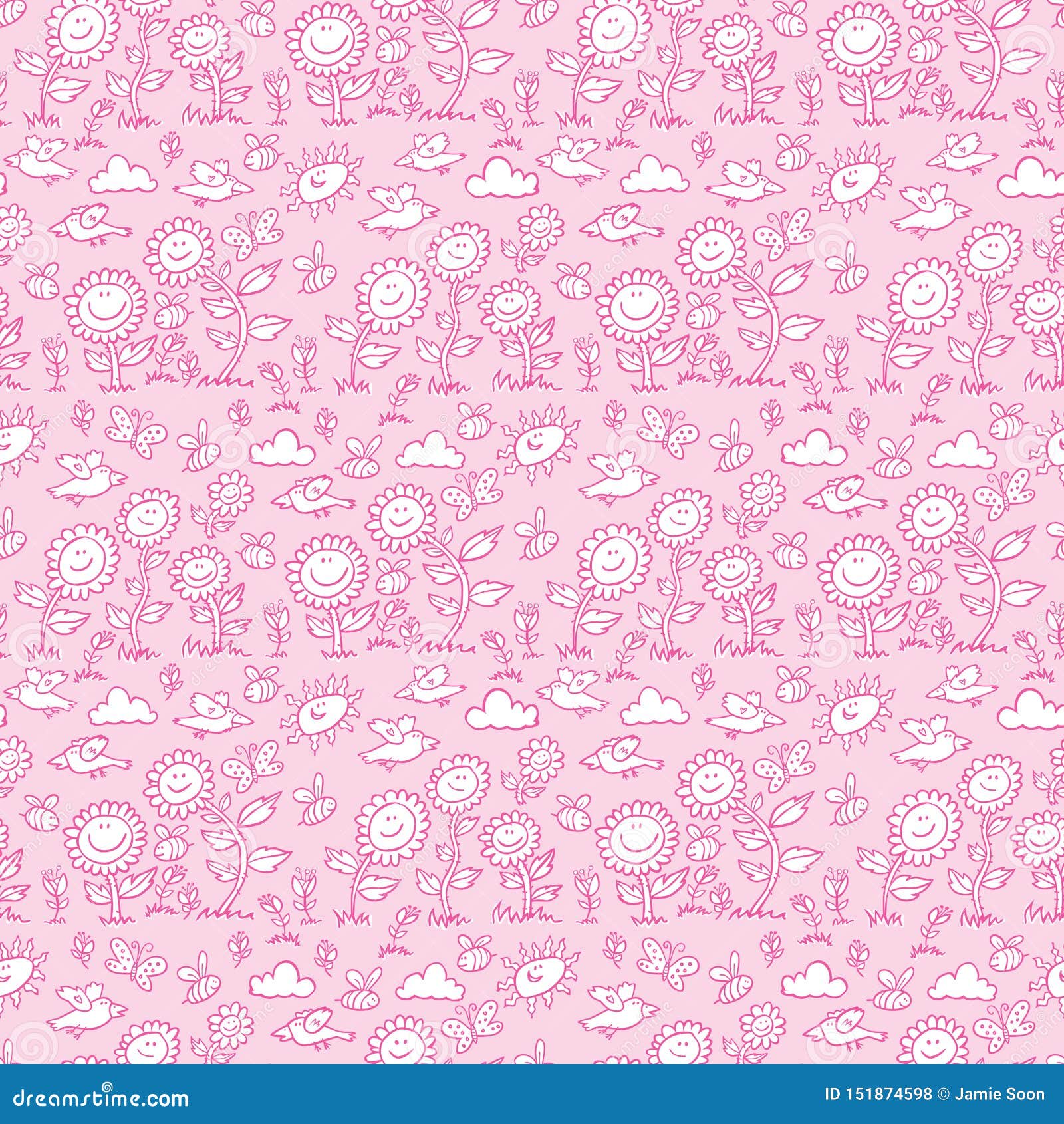 Vector Light Pink Hand Drawn Happy Smiling Flowers Repeat Pattern with ...