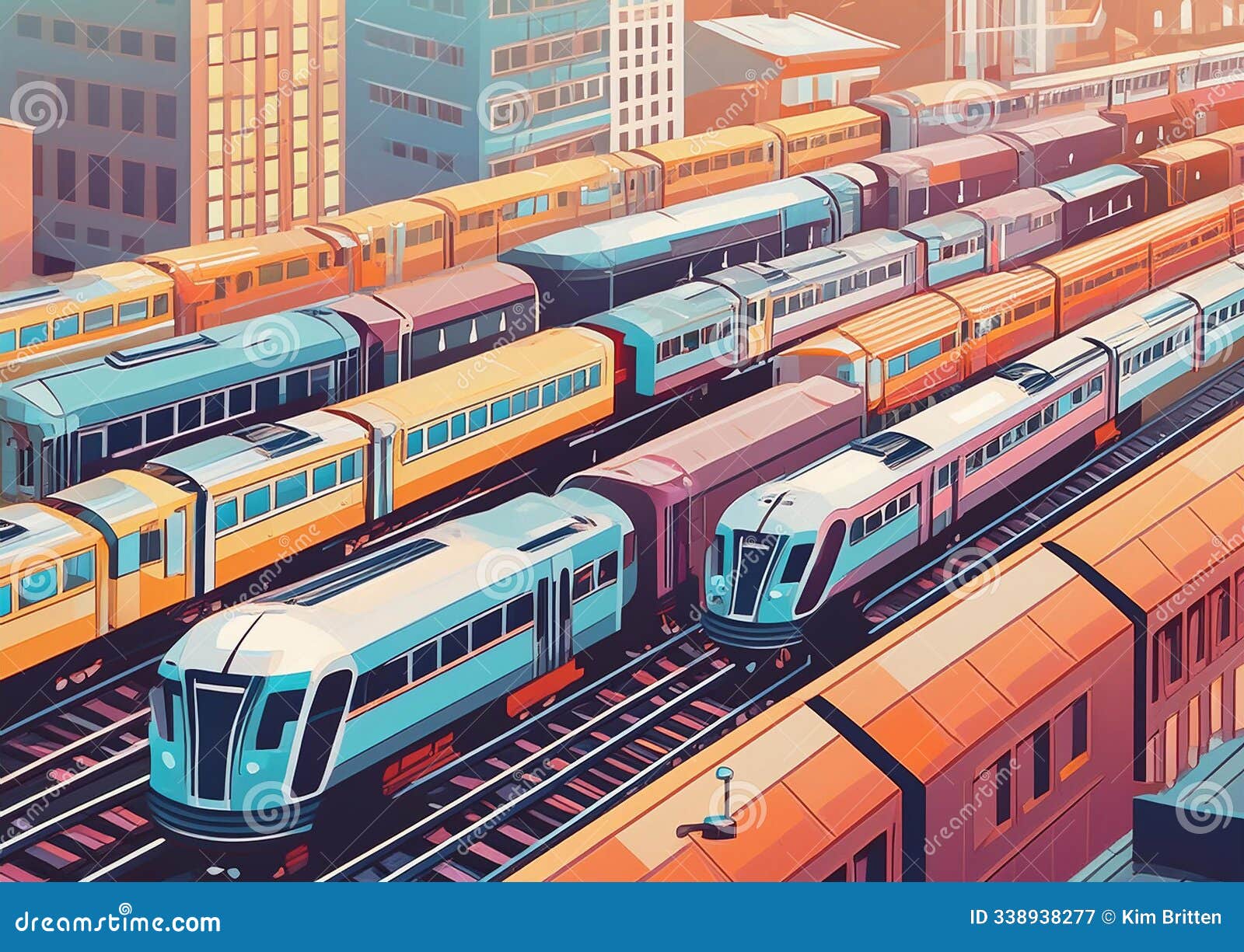 A Vector Like Image of Train Engines and Carriages Parked at a Railway ...