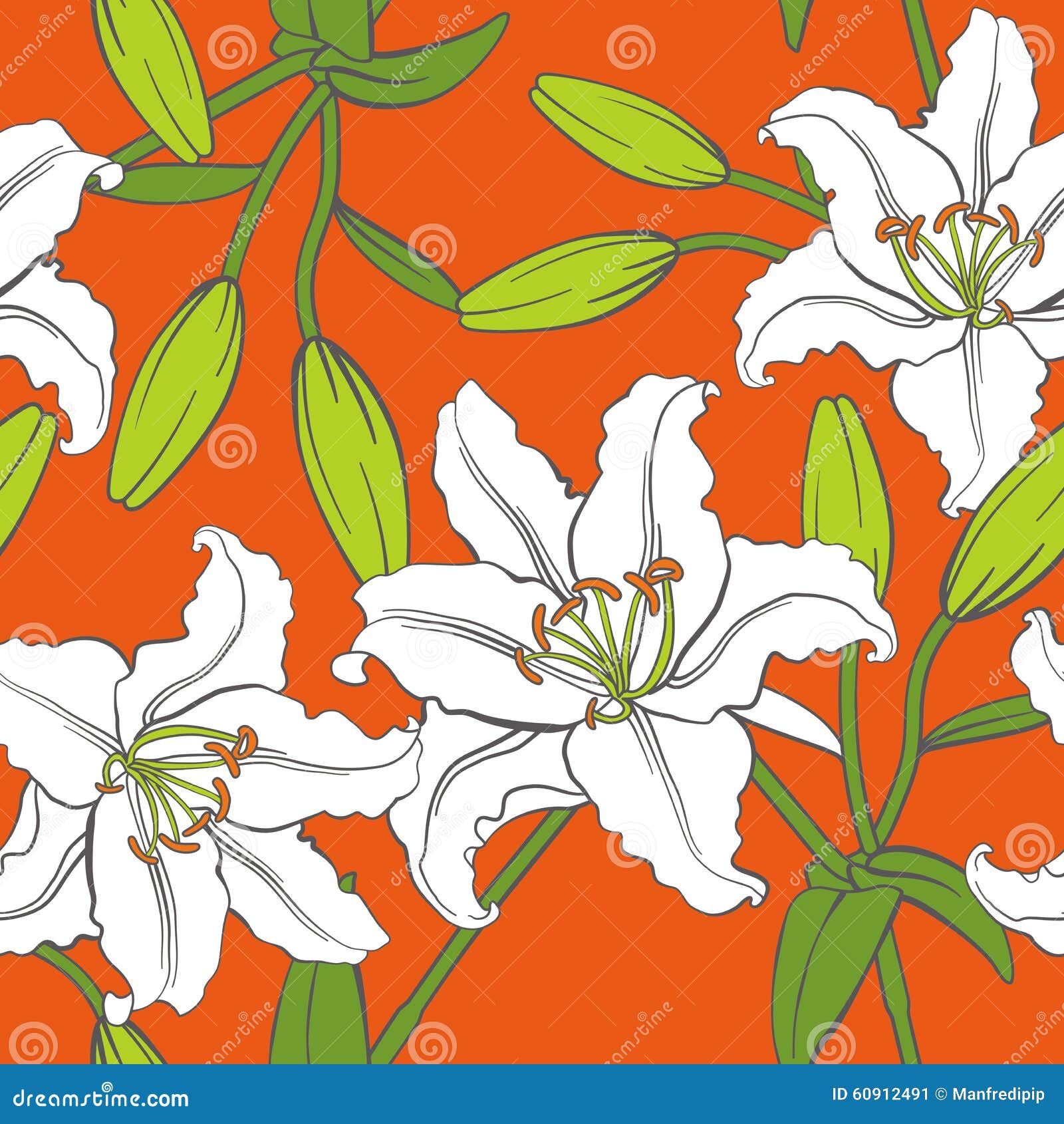 Vector Lily Seamless Pattern in Orange Background Stock Vector ...