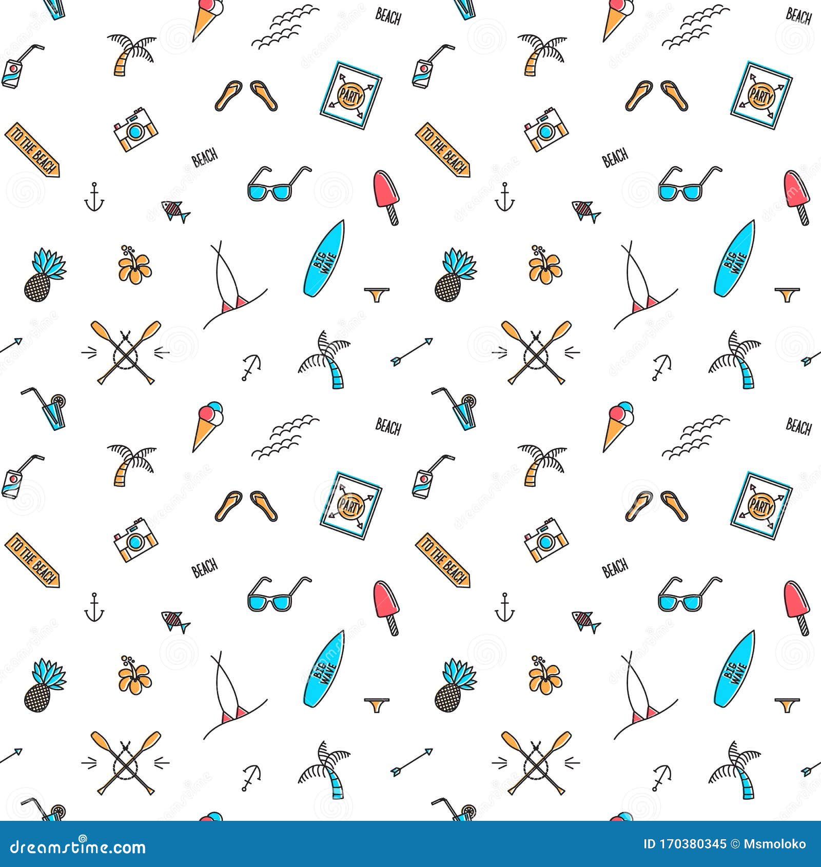 Vector Line Art Summer Seamless Beach Pattern. Seamless Fabric or ...