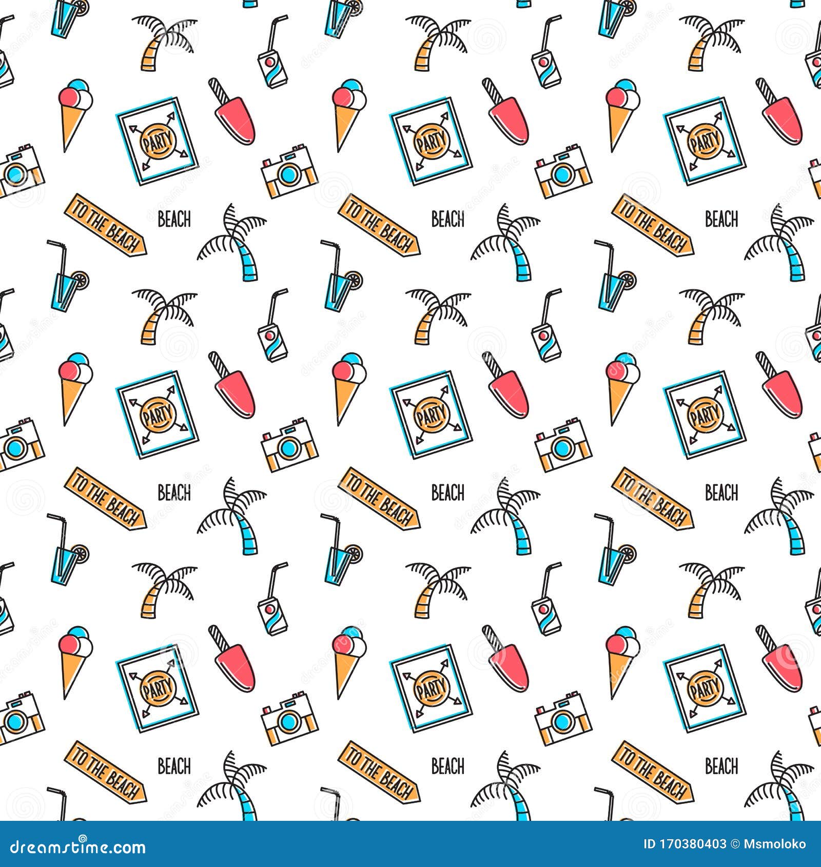 Vector Line Art Summer Seamless Beach Pattern. Seamless Fabric or ...