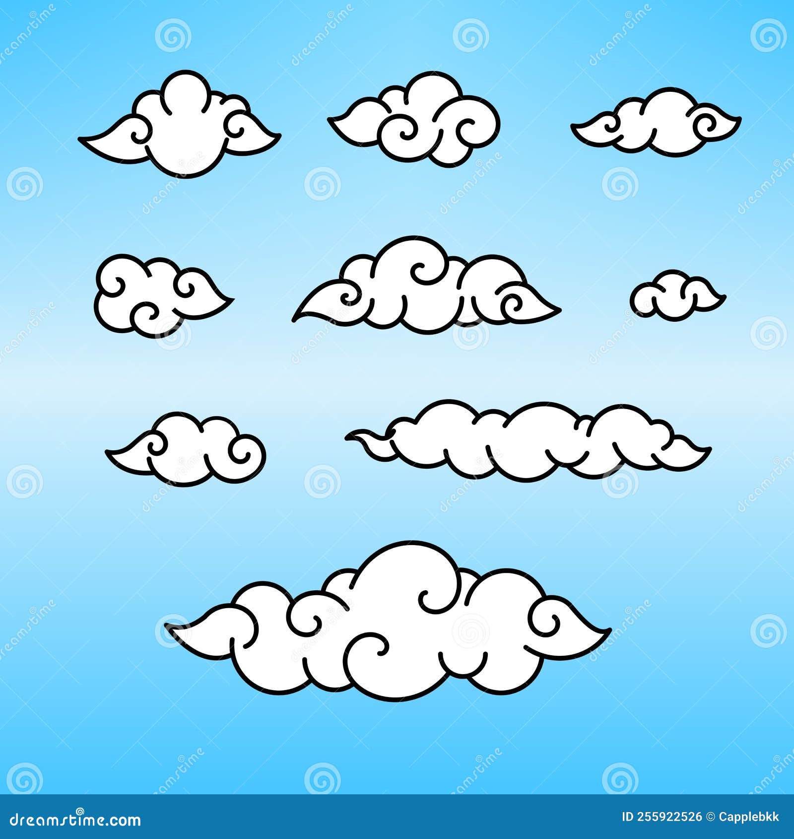 Vector Line Art of White Cloud Black Outline Chinese Style Stock Vector ...