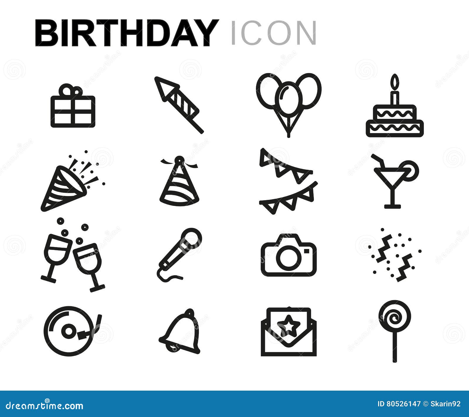 Line Birthday Party Cakes With Hats And Balloons Vector Illustration ...