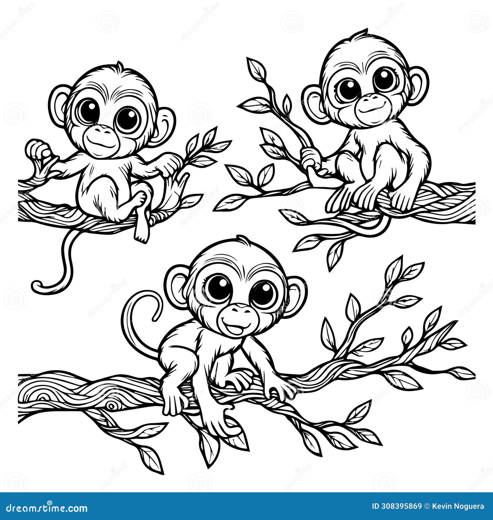 Vector Line Drawing of a Group of Monkeys in Black and White Stock ...