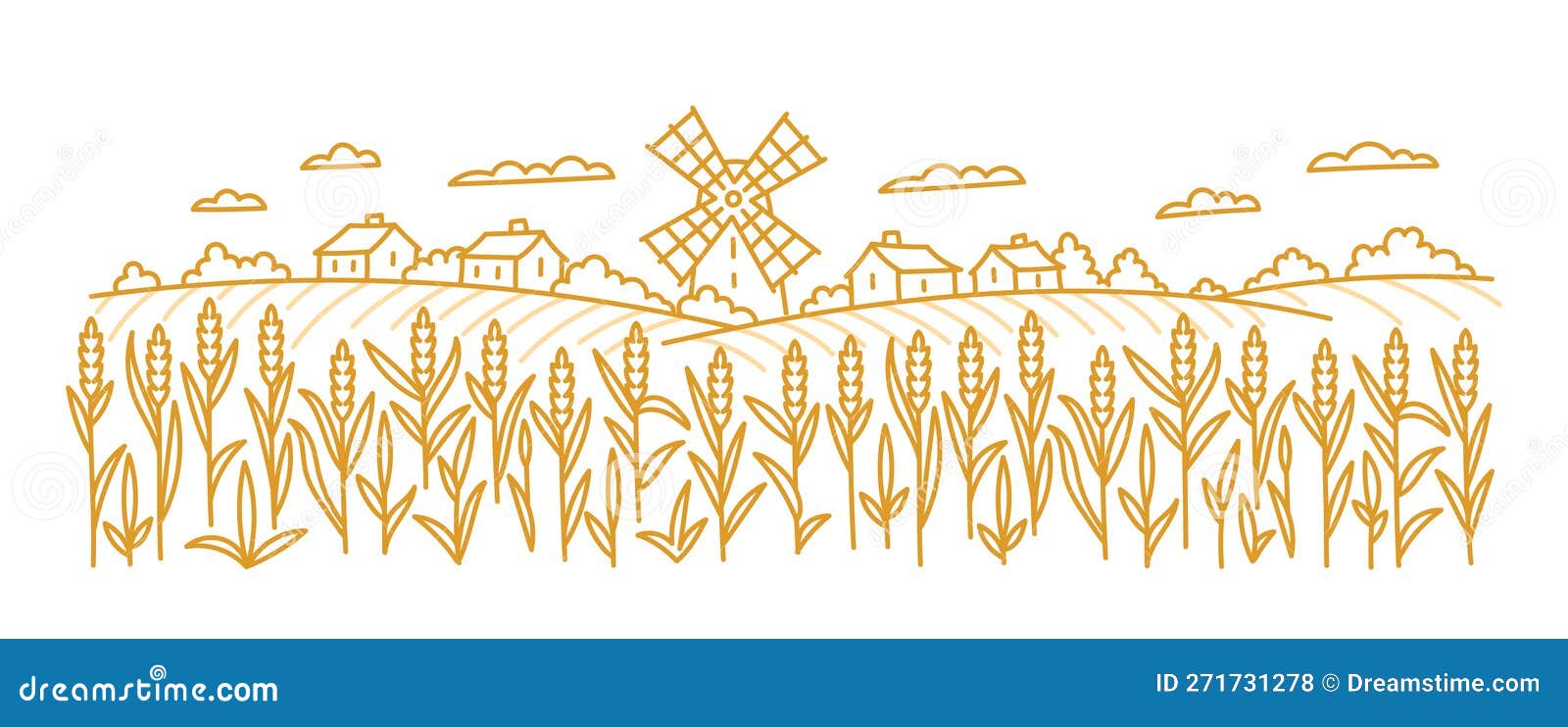 Landscape Fields with a Windmill. Wheat Spikelets in the Foreground ...