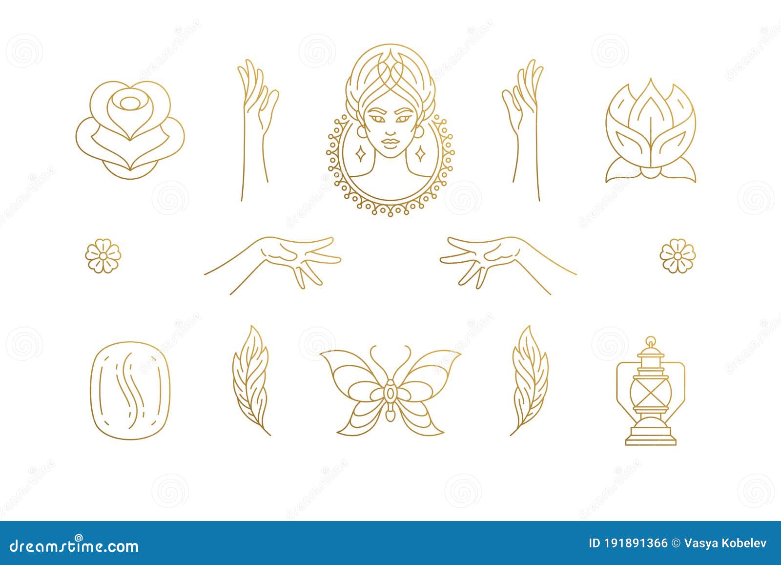 Vector Line Feminine Decoration Design Elements Set - Female Face and ...