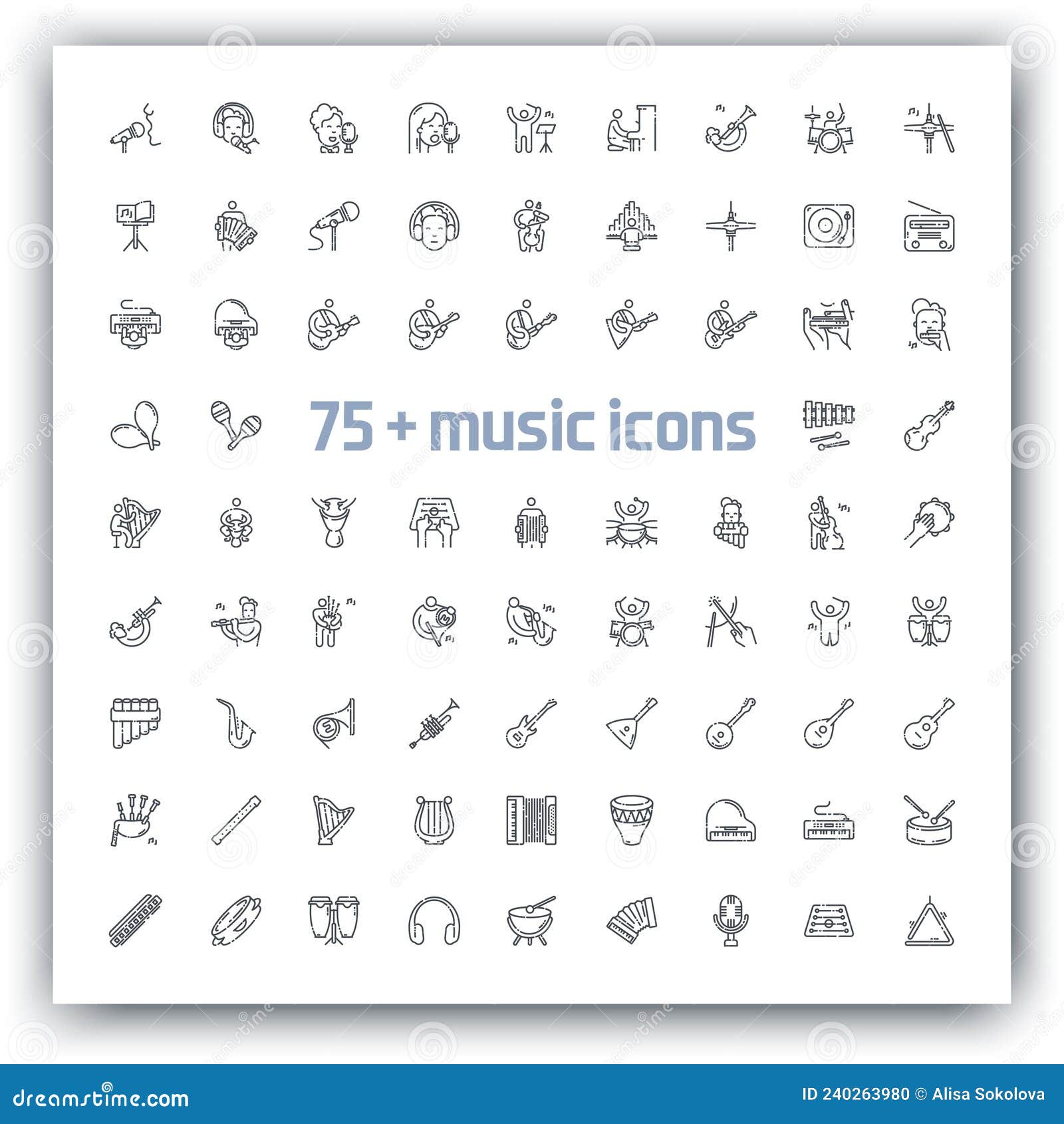 Vector Line Icon Set of Musicians Playing Different Musical Instruments ...