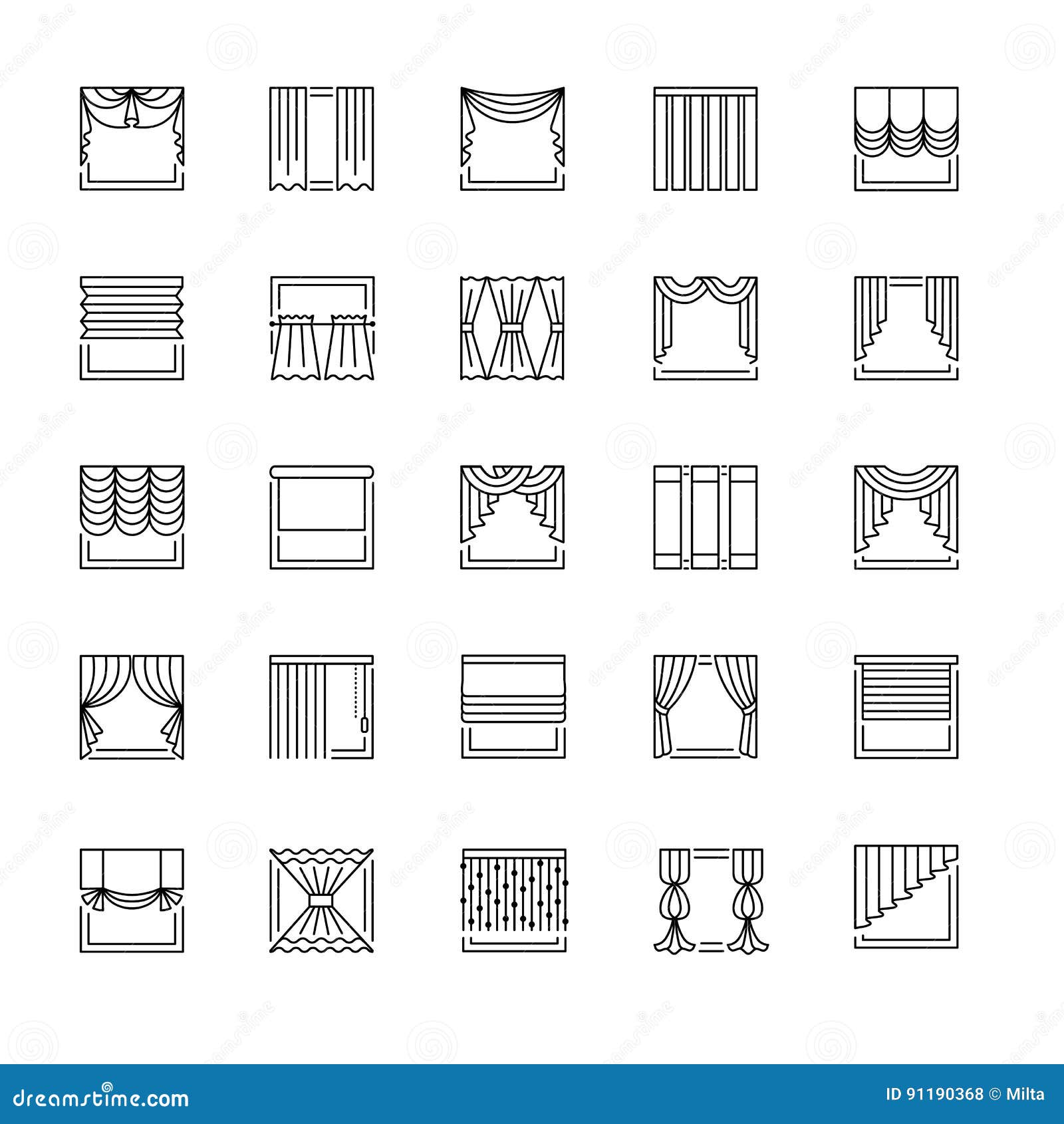 Vector Line Icons with Drapes. Window Curtains, Blinds and Shade Stock ...