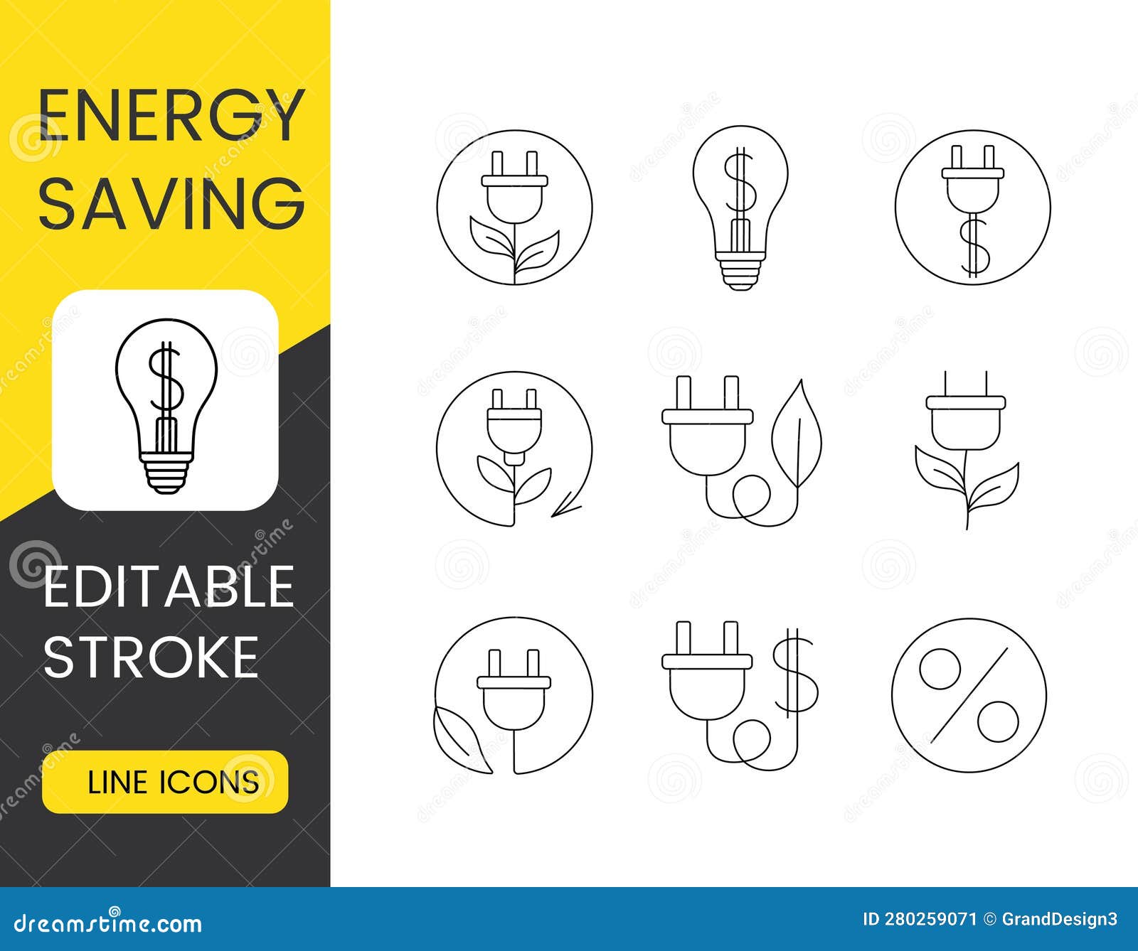 Vector Line Icons Set Representing Energy Saving. Editable Stroke ...