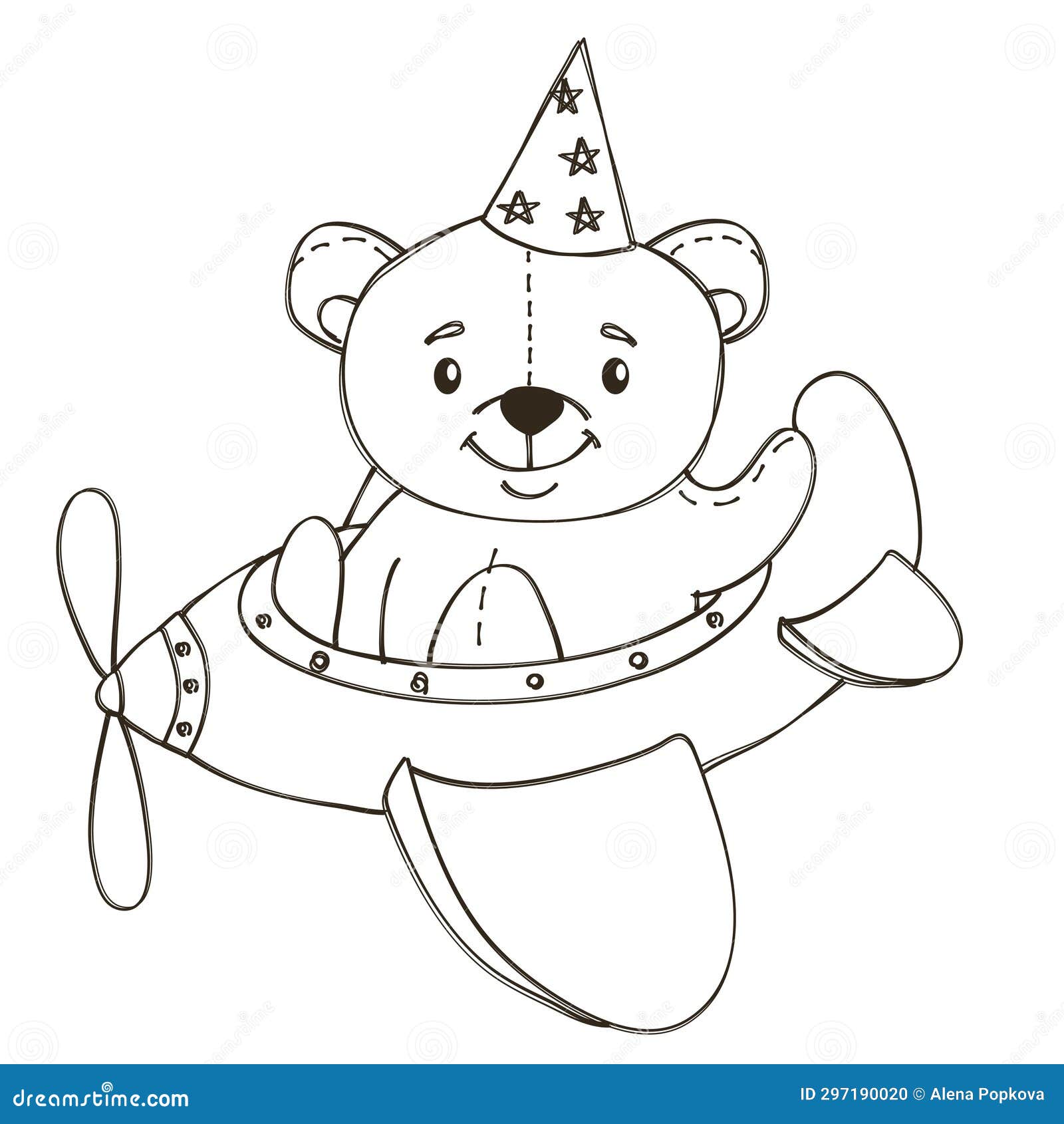 Vector Line Illustration. Cute Bear Flying an Airplane, Bear is a Pilot ...