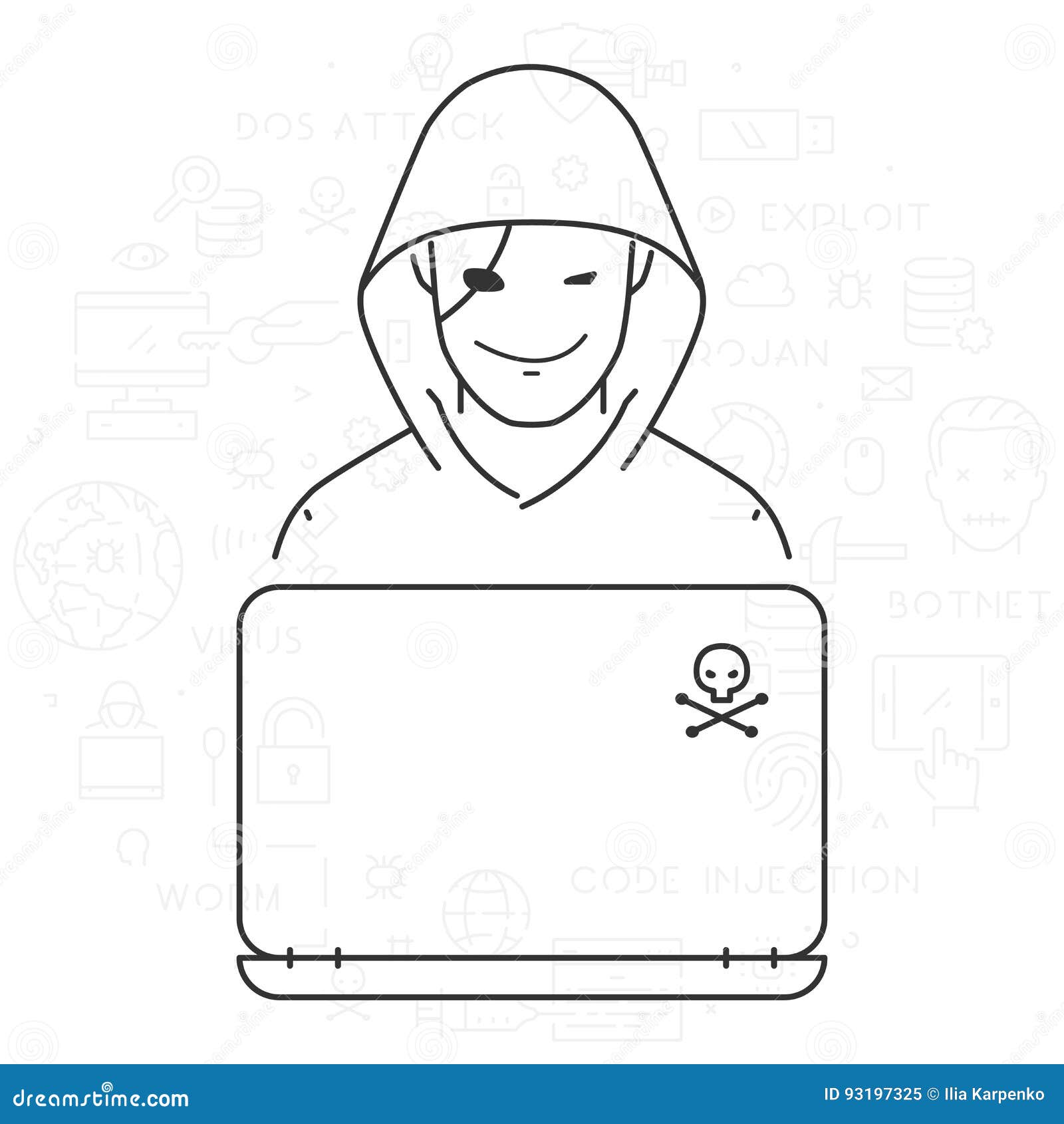 Vector Line Image of Hacker on White Background Stock Illustration ...