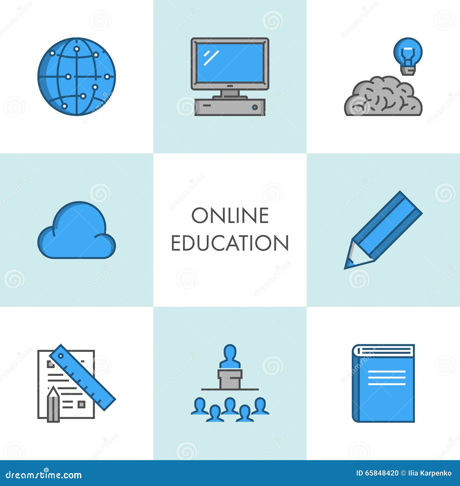 Vector Line Online Education Icon Set for Web. Black and Blue Stock ...