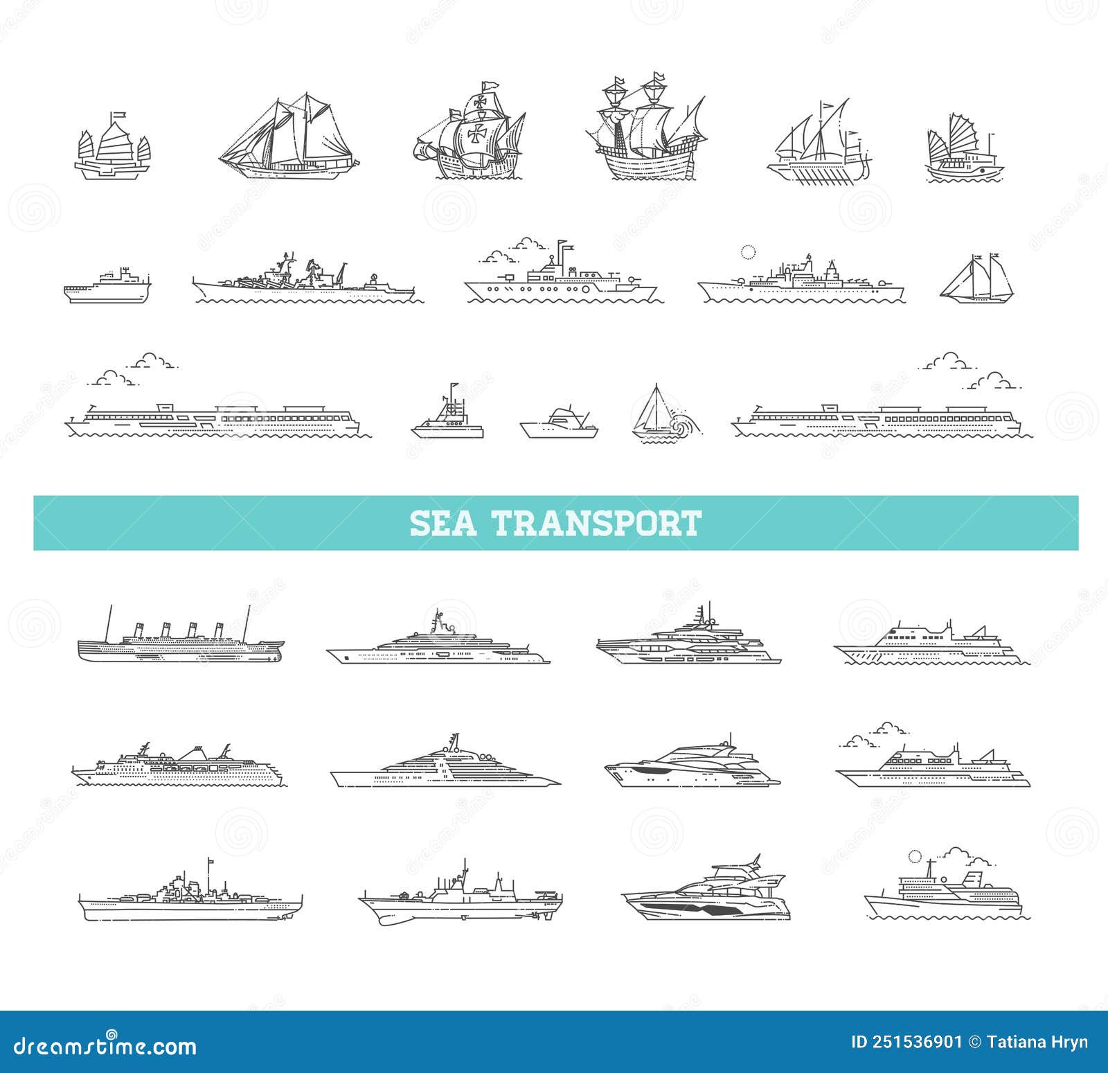 Vector Line Set of Ships and Boats Stock Vector - Illustration of ...