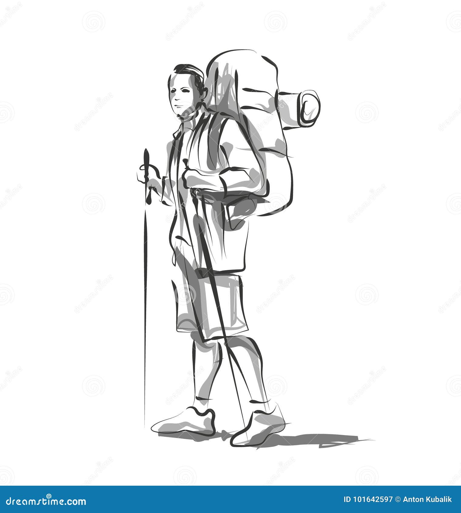 Vector Line Sketch of a Mountain Tourist Stock Vector - Illustration of ...